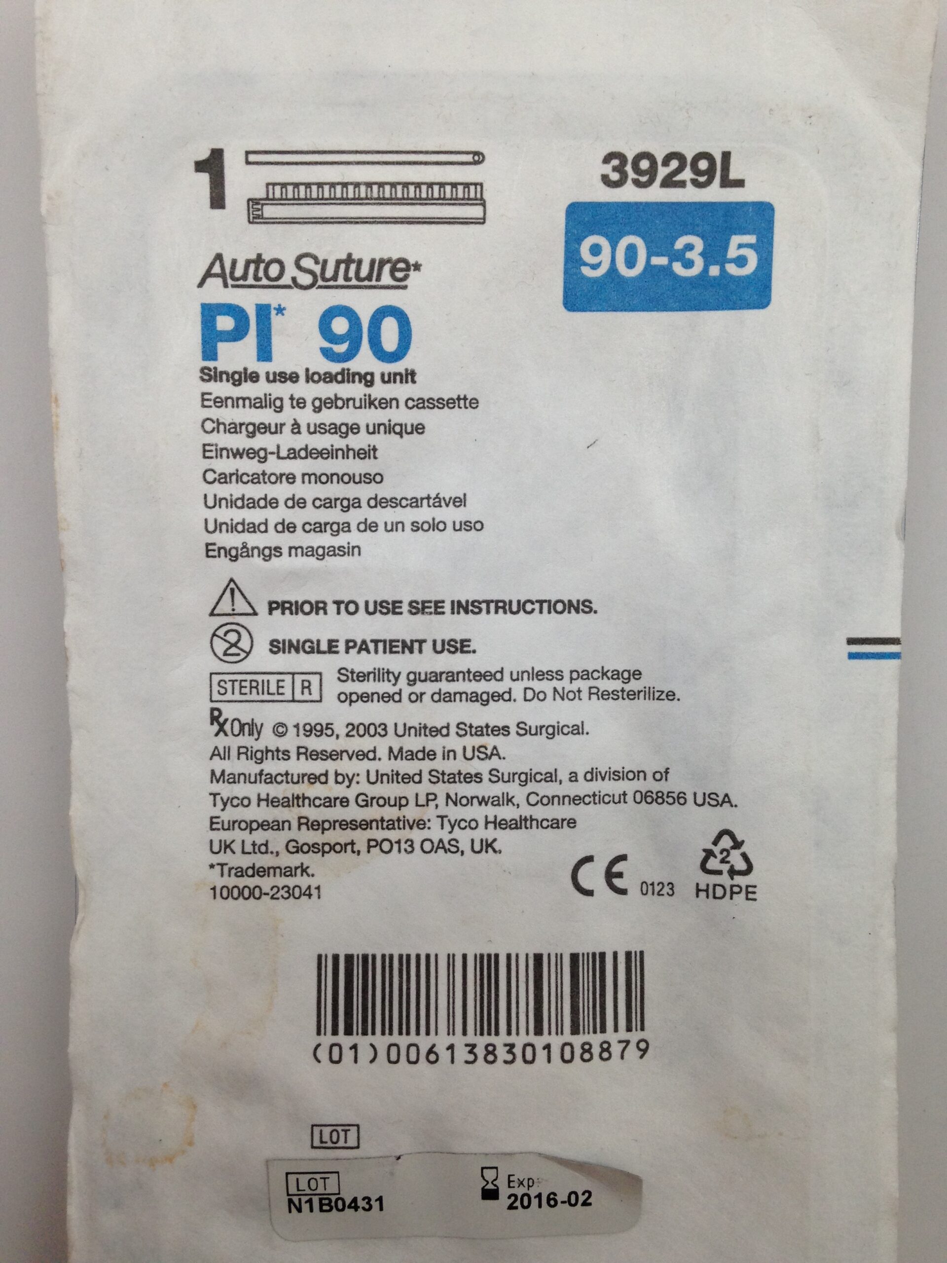 TYCO HEALTHCARE 3929L Auto Suture PI 90 Single Use Loading Unit, 90-3.5 ...