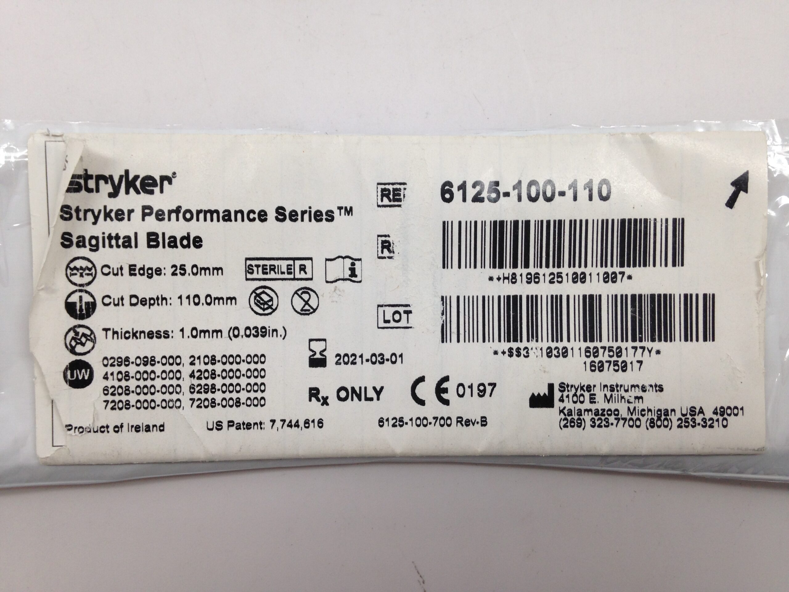 STRYKER 6125-100-110 Performance Series Sagittal Blade, Cut Edge 25.0mm ...