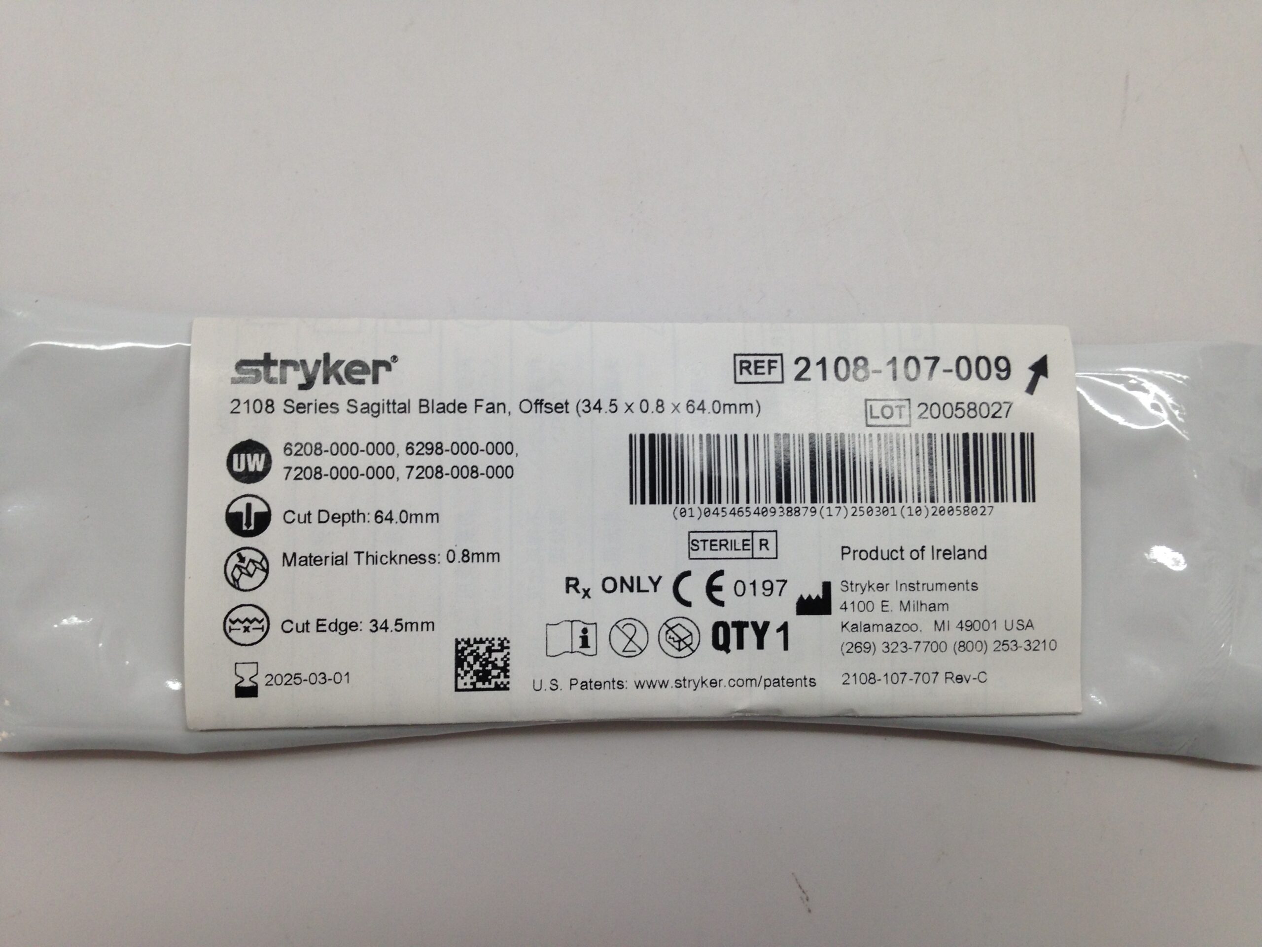 STRYKER 2108-107-009 2108 Series Sagittal Blade Fan, Offset, 34.5 x 0.8 ...