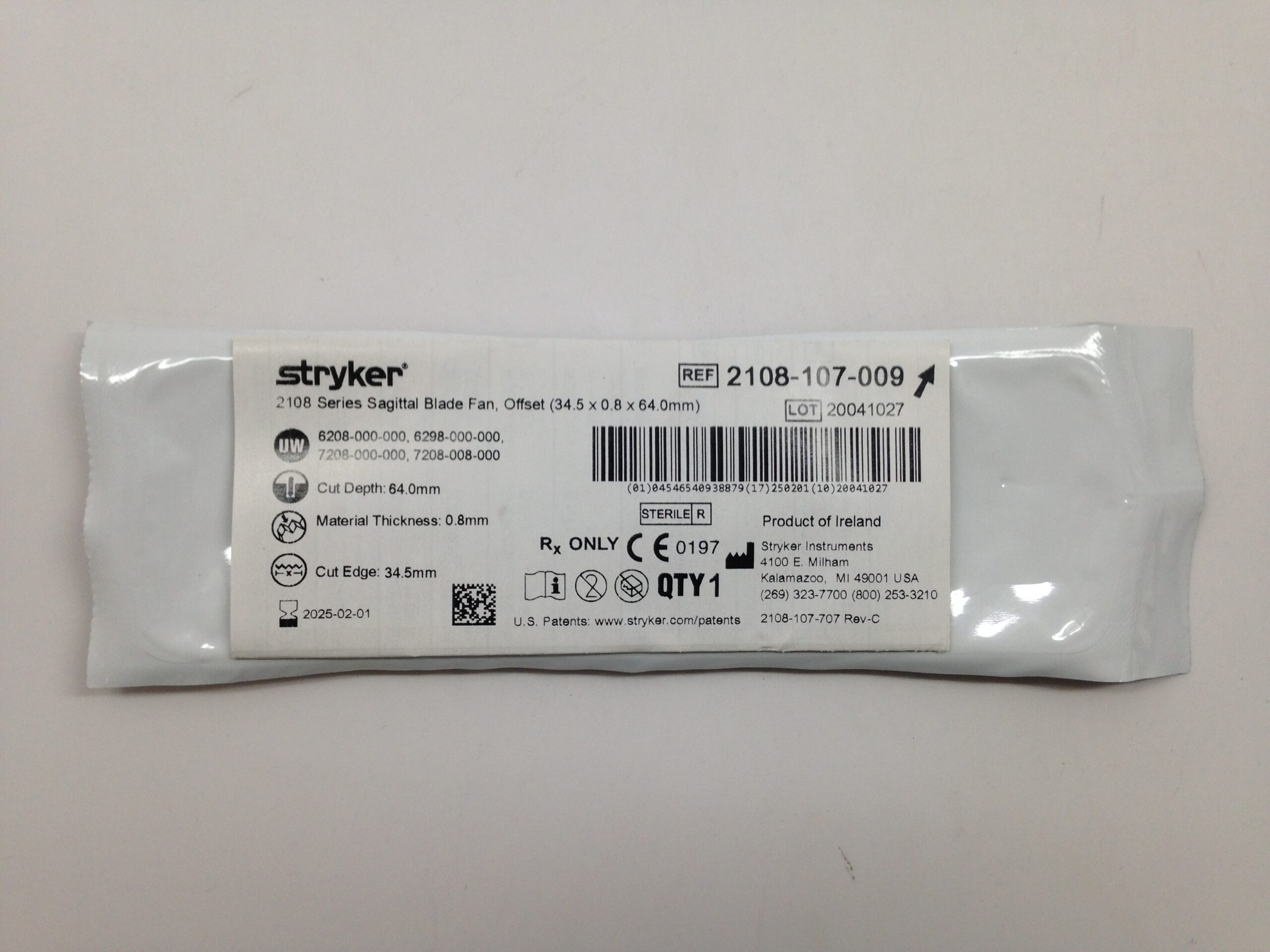 STRYKER 2108-107-009 2108 Series Sagittal Blade Fan, Offset, 34.5 x 0.8 ...
