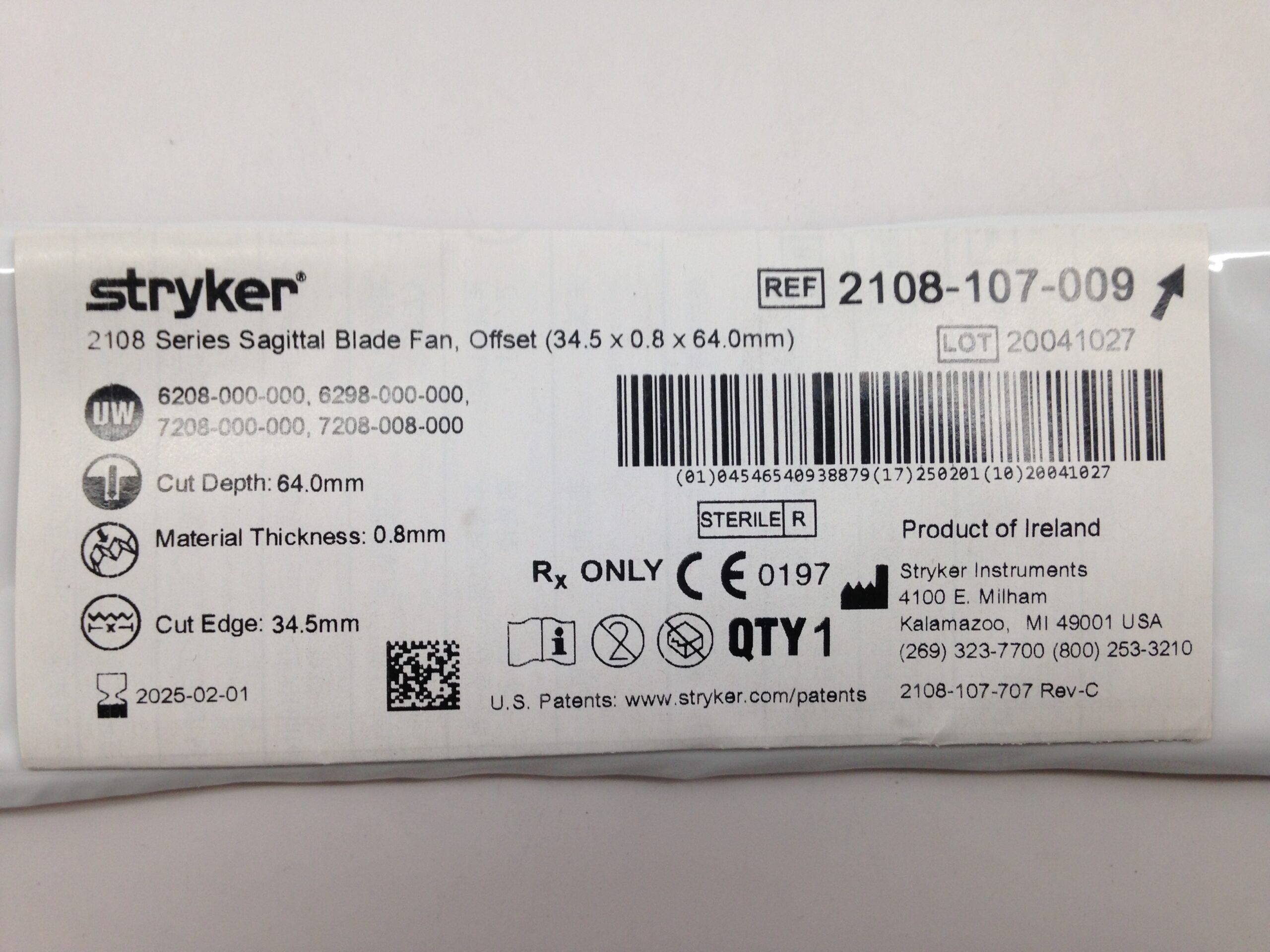 STRYKER 2108-107-009 2108 Series Sagittal Blade Fan, Offset, 34.5 x 0.8 ...