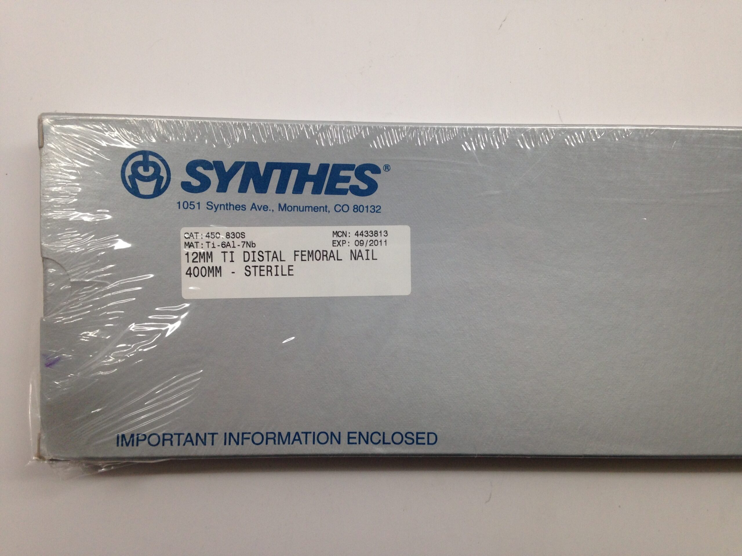 SYNTHES 450.830S 12mm TI Distal Femoral Nail, 400mm Sterile (X) - GB ...