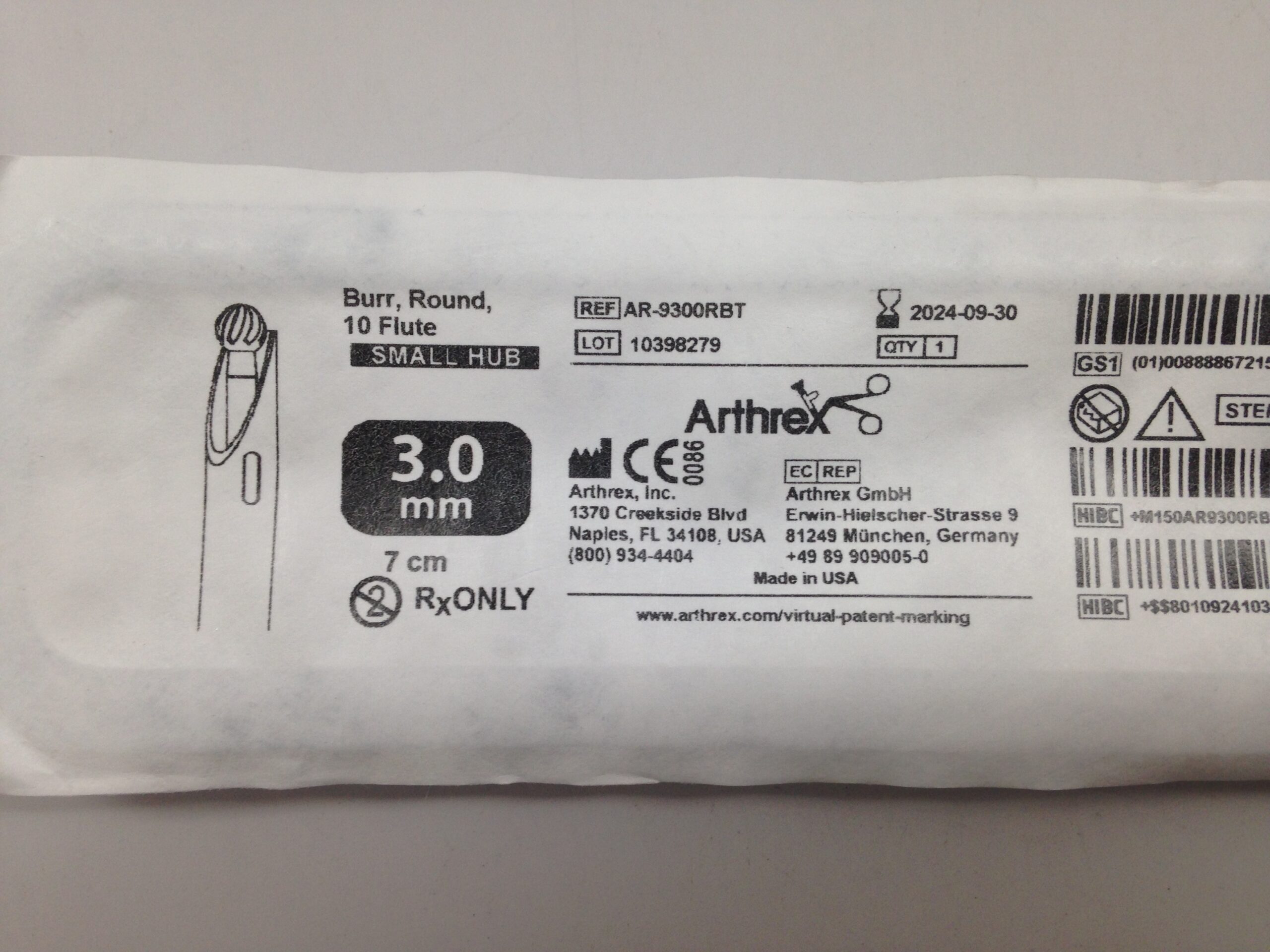 ARTHREX AR-9300RBT Burr Round, 10 Flute, Small Hub, 3.0mm 7cm - GB TECH USA