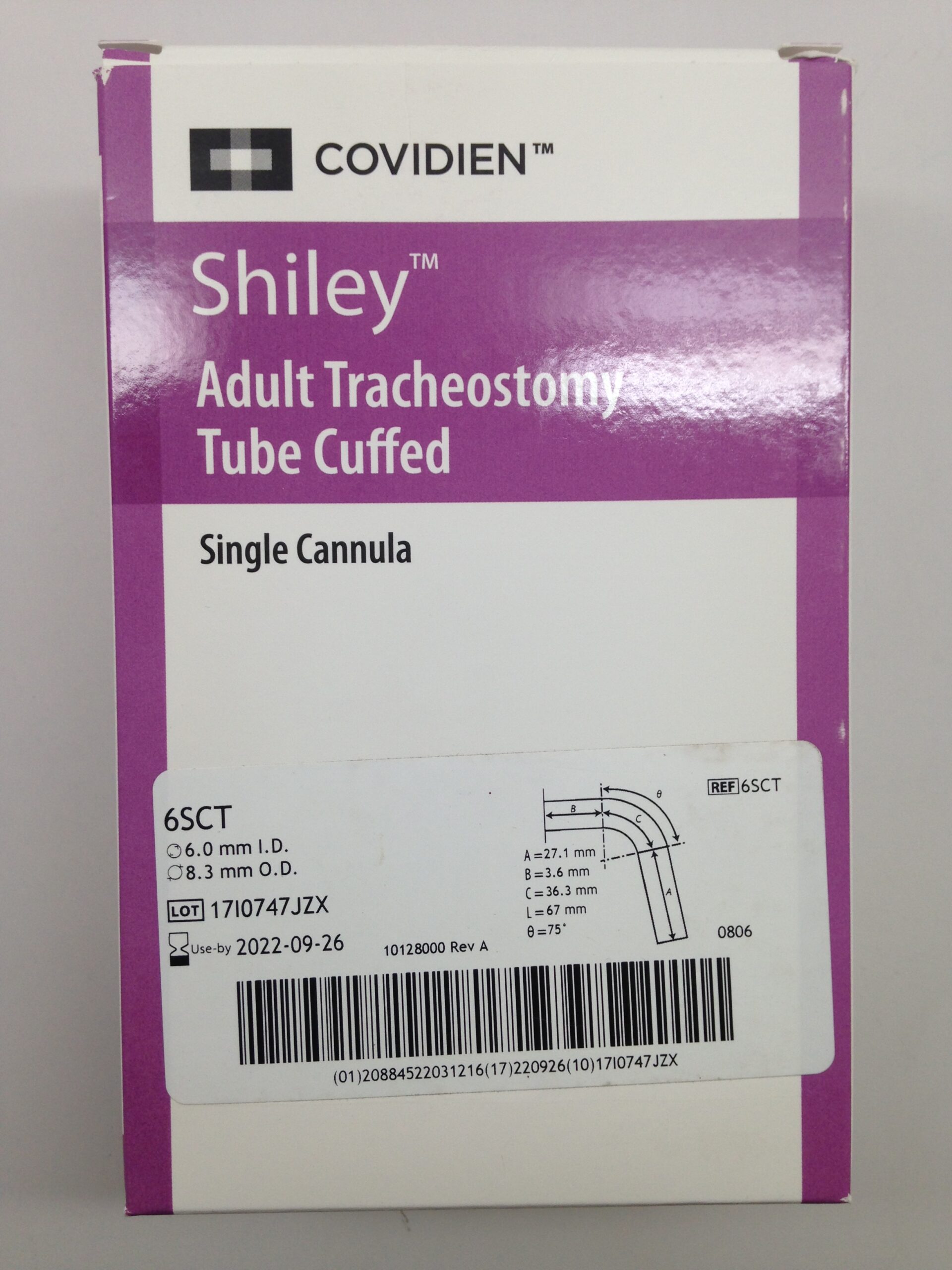 COVIDIEN 6SCT Shiley Adult Tracheostomy Tube Cuffed, Single Cannula, 6 ...