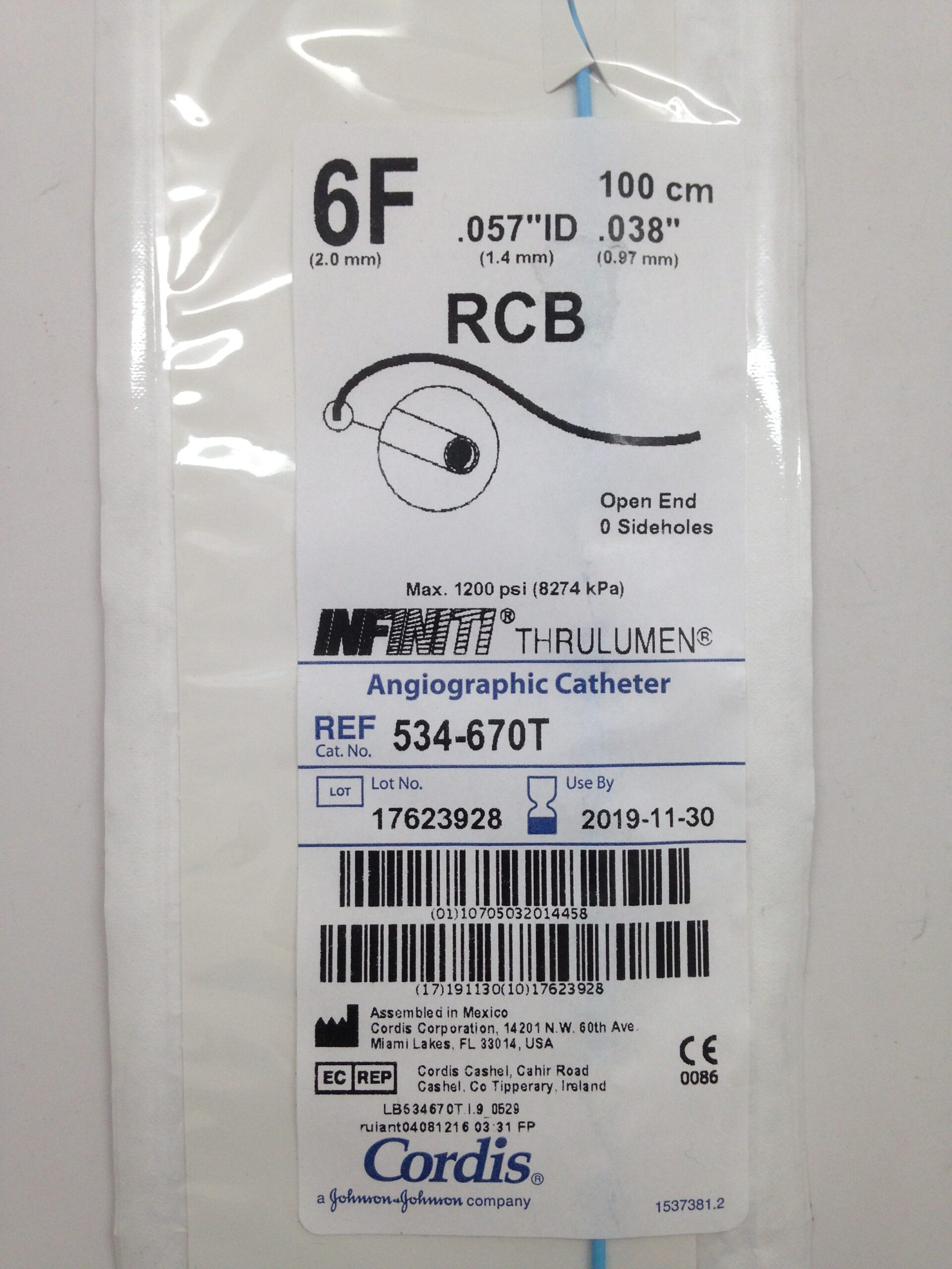 CORDIS 534-670T RCB INFINTI Thrulumen Angiographic Catheter, 6F, 100cm ...