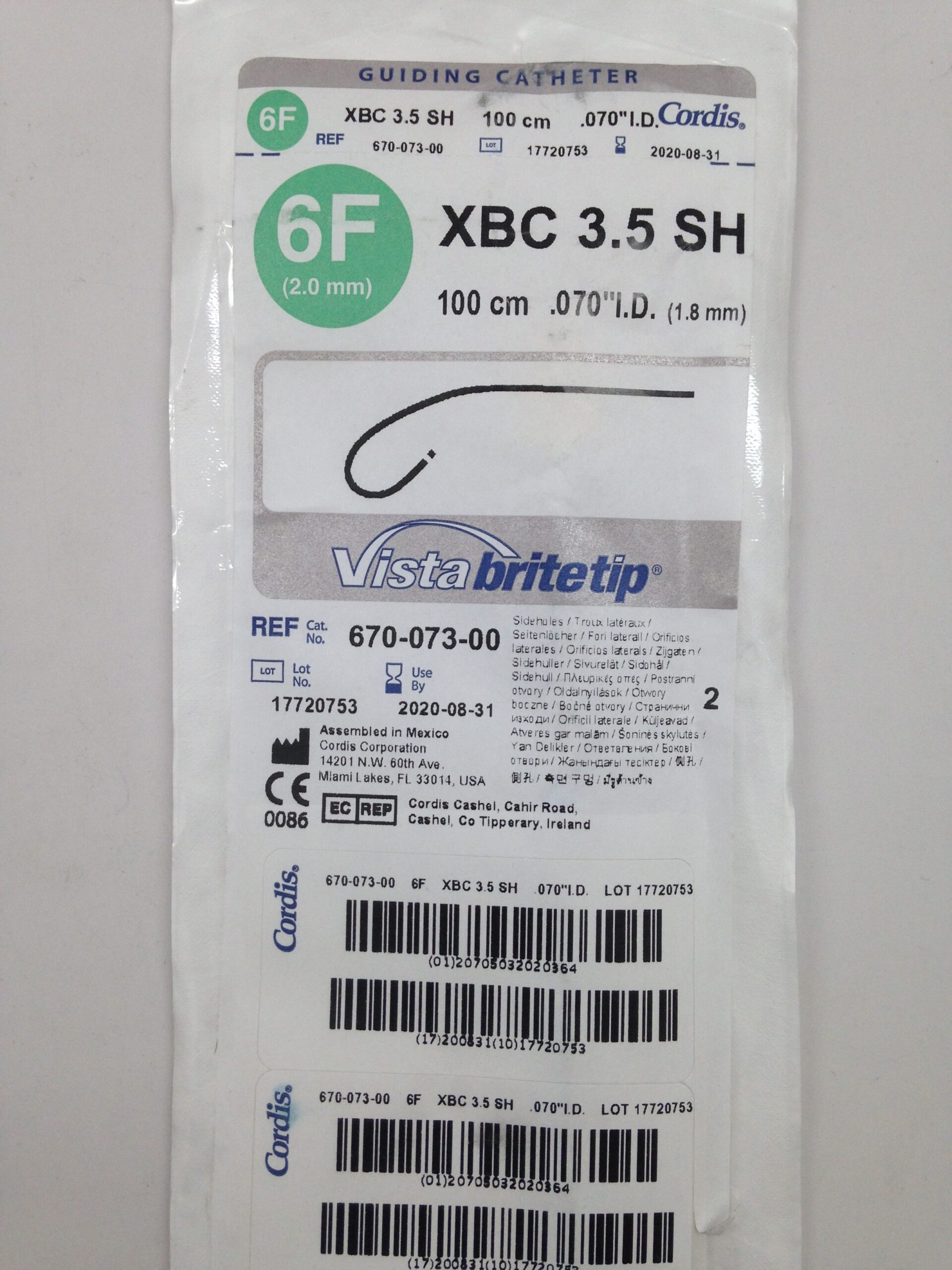 CORDIS 670-073-00 XBC 3.5 SH Vista Britetip Guiding Catheter, 6F, 100cm, .070"I.D. (X) - GB TECH USA