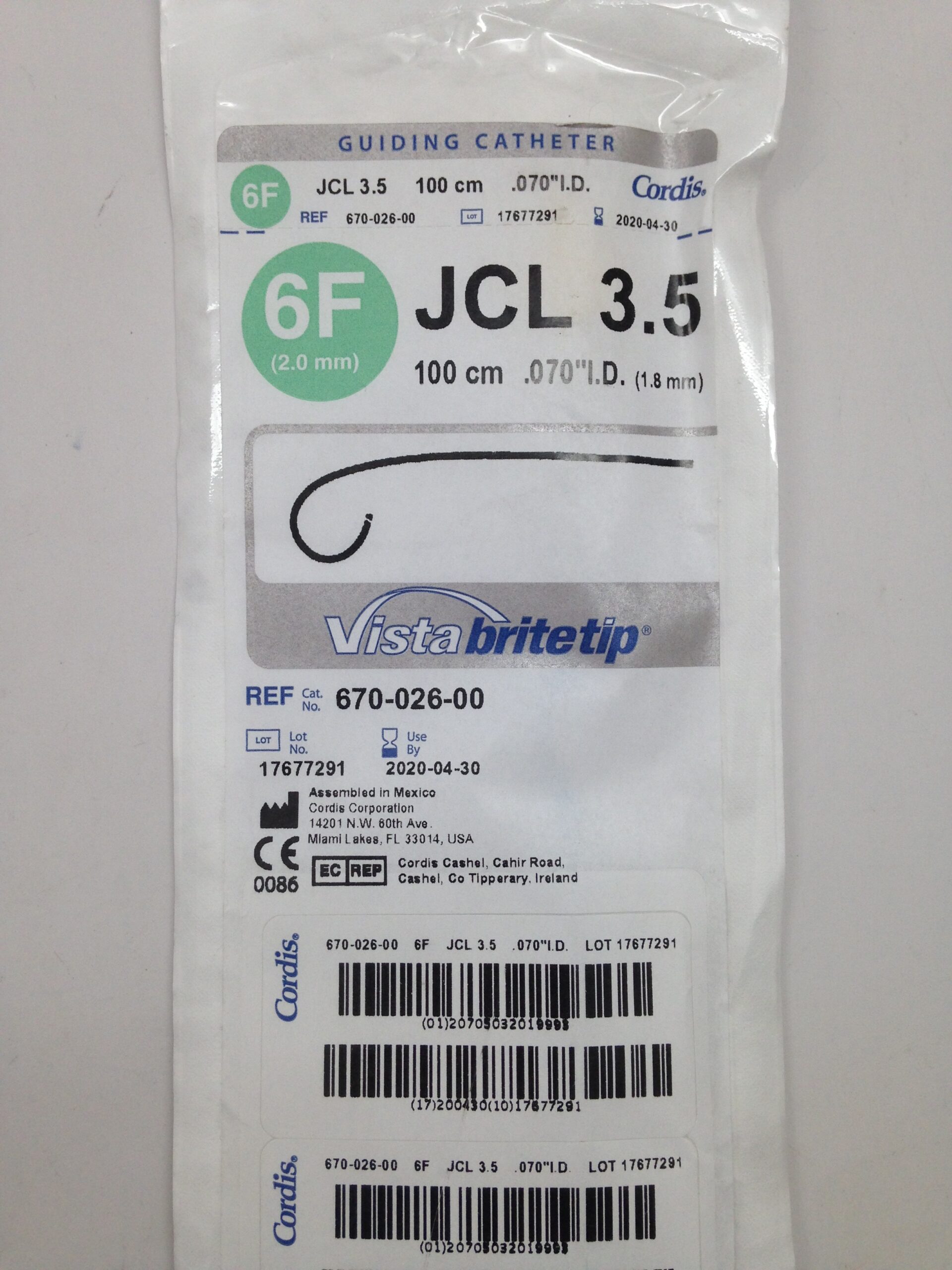 CORDIS 670-026-00 JCL 3.5 Vista Britetip Guiding Catheter, 6F, 100cm ...