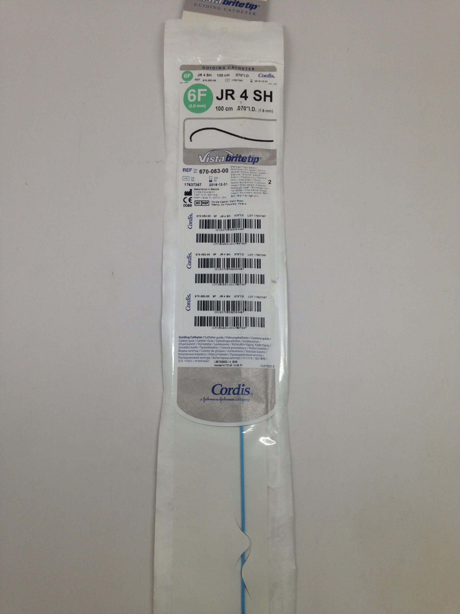 CORDIS 670-083-00 JR 4 SH Vista Britetip Guiding Catheter, 6F, 100cm ...