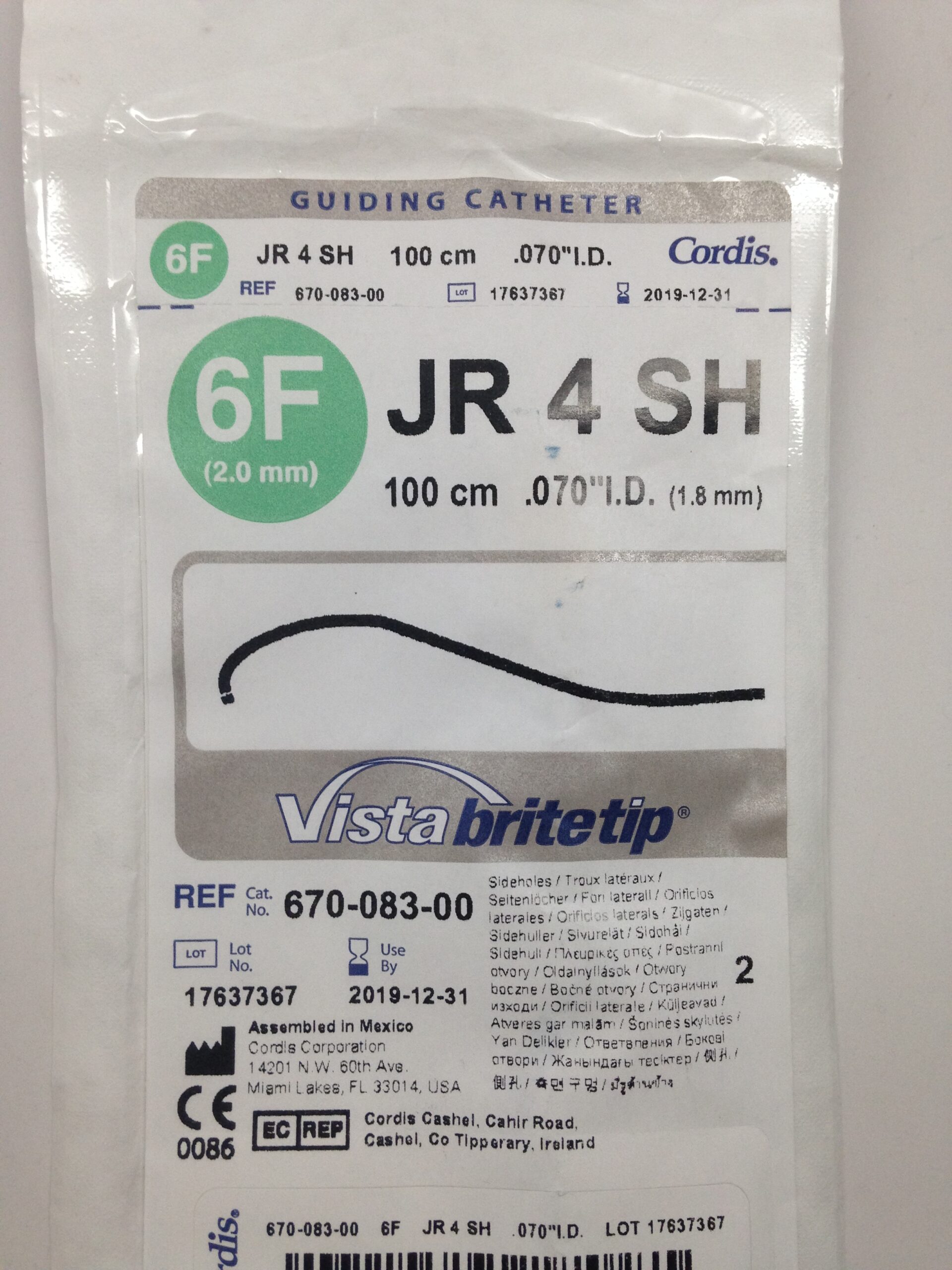 CORDIS 670-083-00 JR 4 SH Vista Britetip Guiding Catheter, 6F, 100cm ...