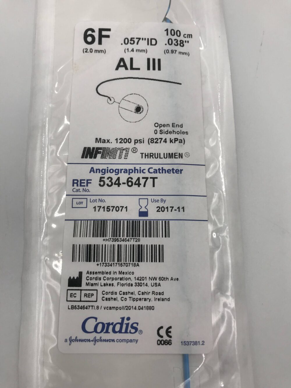 CORDIS 534-647T INFINTI Thrulumen Angiographic Catheter AL III, 6F ...