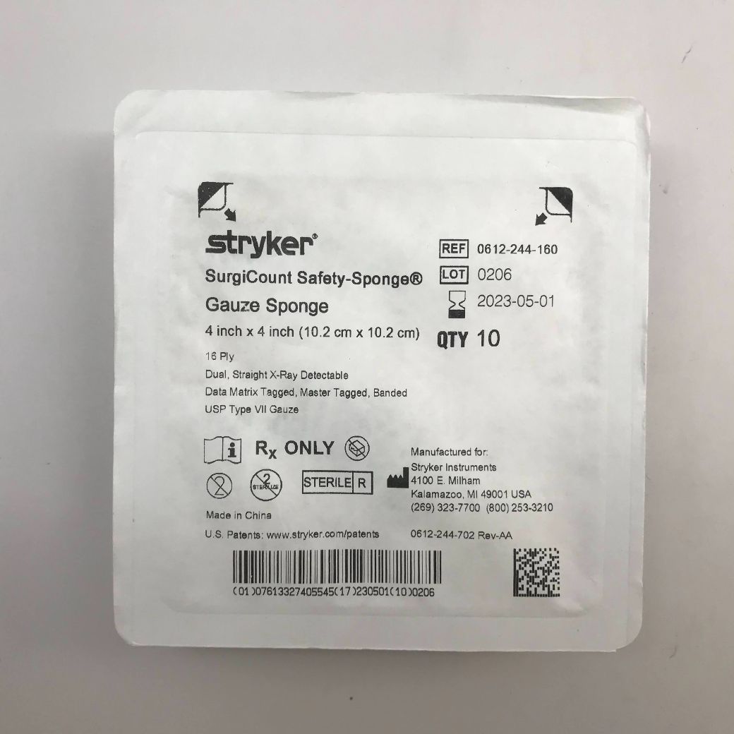 STRYKER 0612-244-160 SurgiCount Safety-Sponge Gauze Sponge, 4in x 4in ...