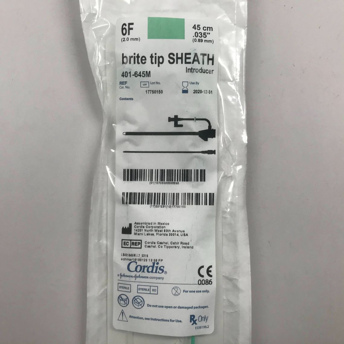 CORDIS 401-645M Brite Tip Sheath Introducer, 6F, 45cm, .035" (X) - GB ...