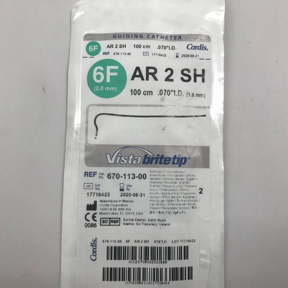 CORDIS 670-113-00 AR 2 SH Vista Britetip Guiding Catheter, 6F, 100cm ...