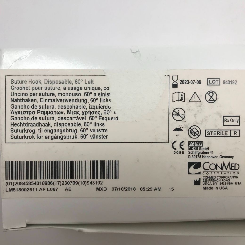 CONMED C6383 Spectrum II Suture Hook, Disposable, 60 Degrees Left (5 ...
