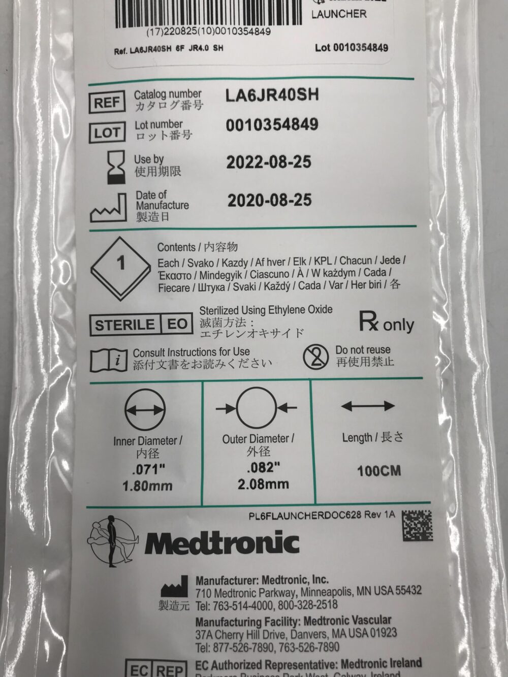 MEDTRONIC LA6JR40SH JR4.0 SH Launcher Guiding Catheter, 6F, .071 ...