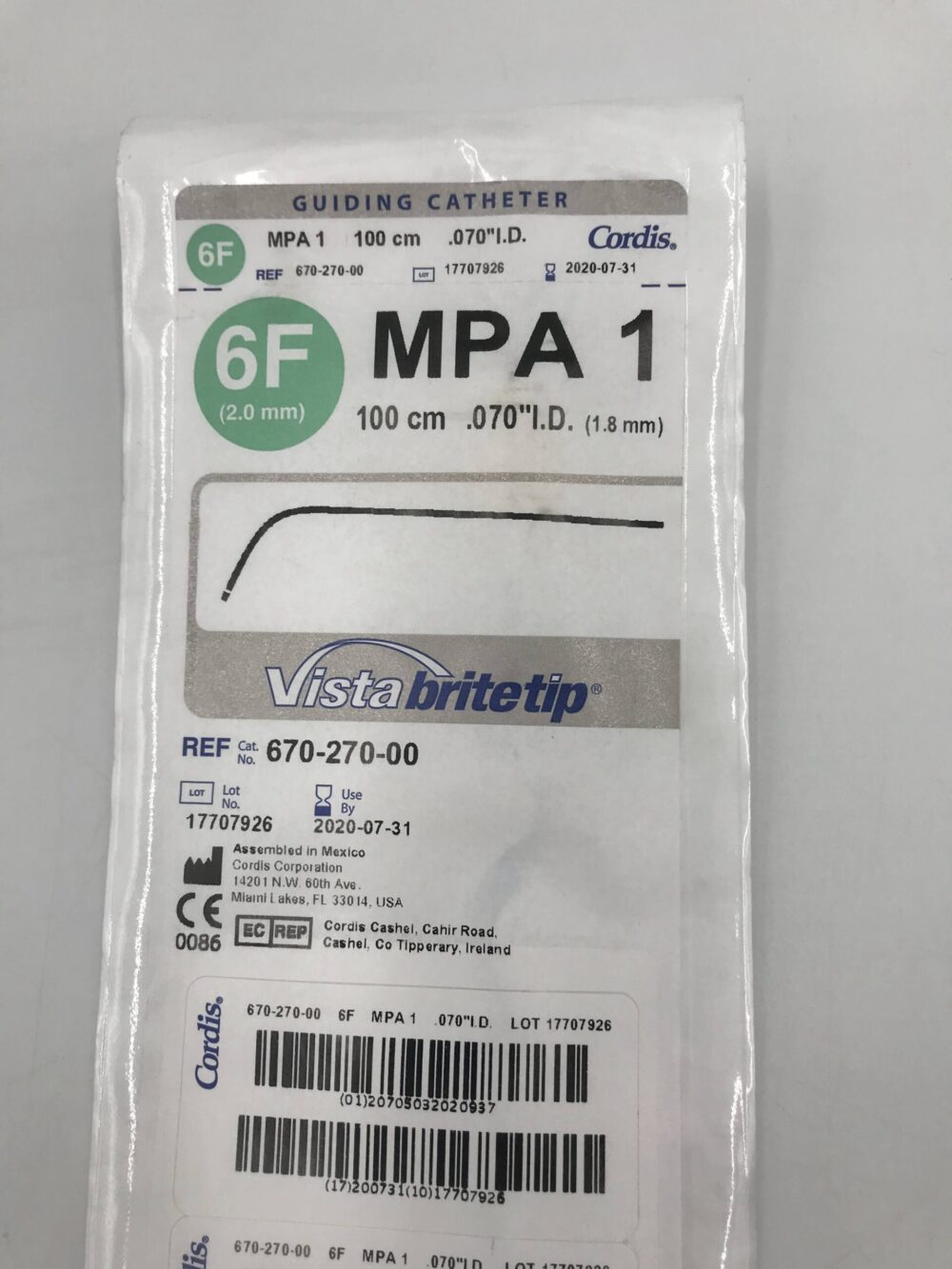CORDIS 670-270-00 Vista Britetip Guiding Catheter MPA 1, 6F 100cm (X ...