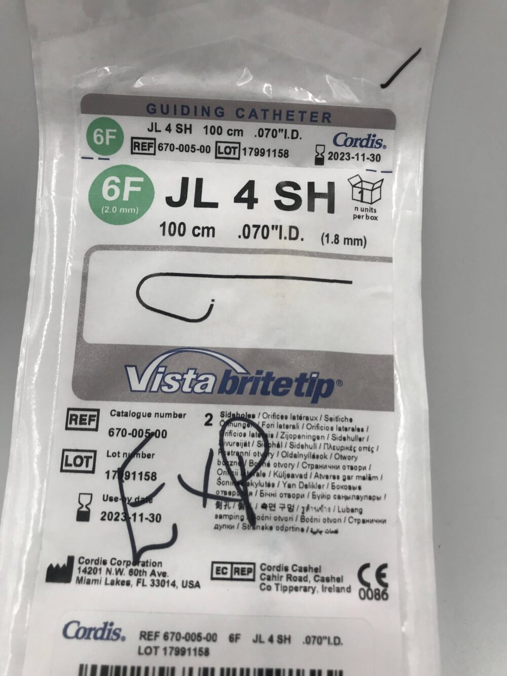 CORDIS 670-005-00 Vista Brite tip Guiding Catheter JL 4 SH , 6F, 100cm ...