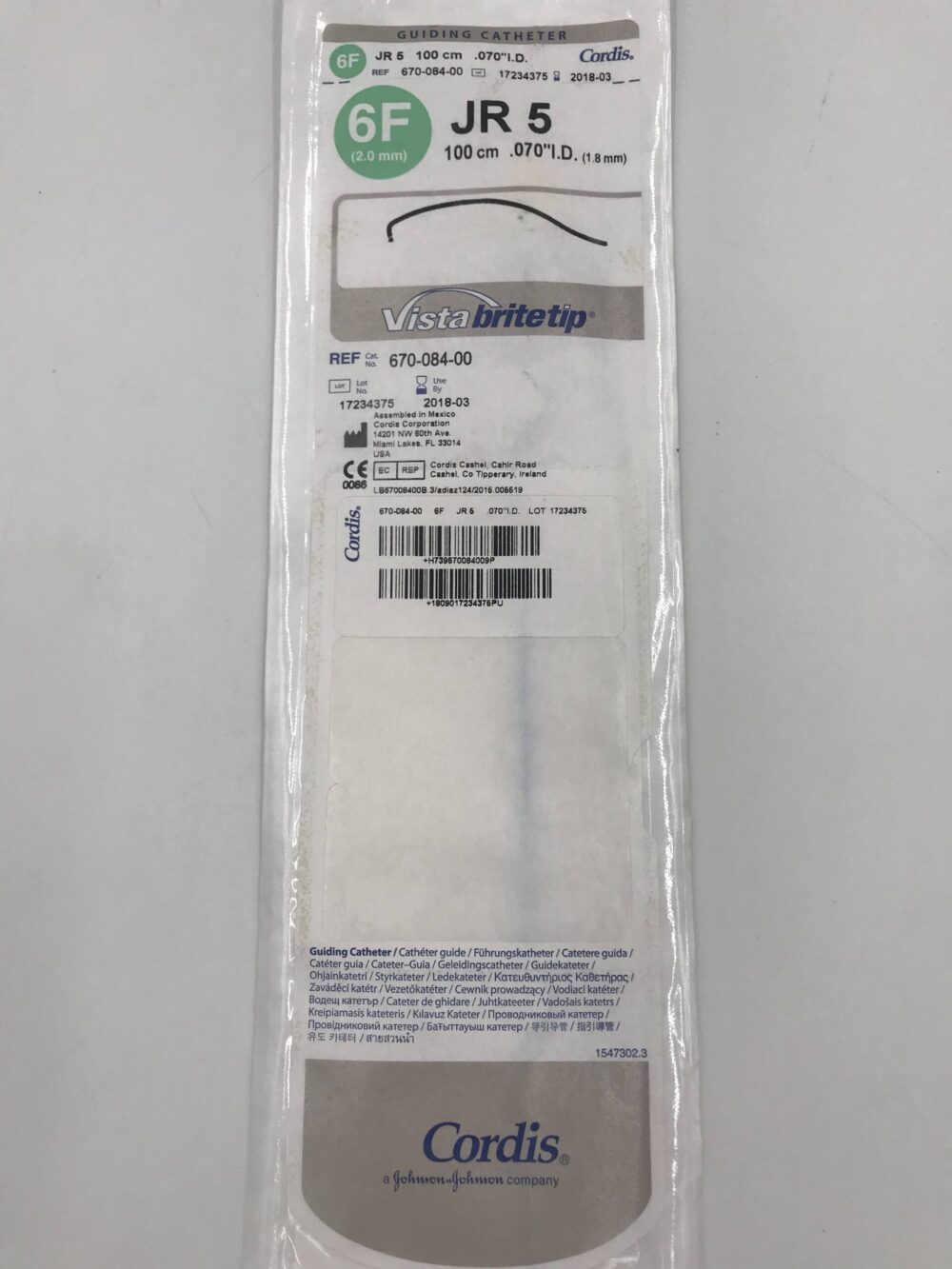 CORDIS 670-084-00 Vista Britetip Guiding Catheter JR 5, 6F 100cm (X ...