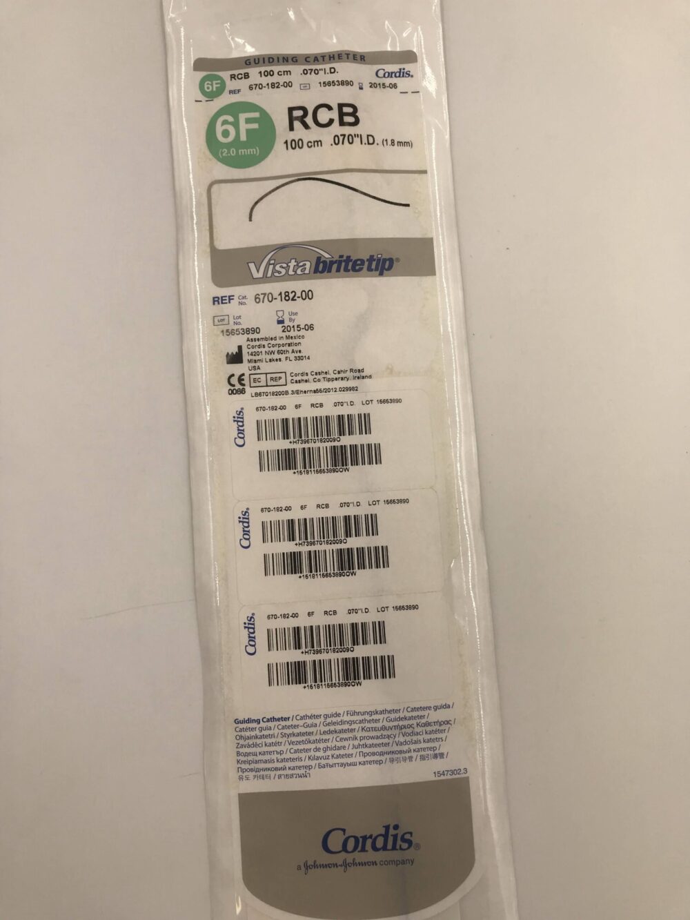 CORDIS 670-182-00 Vista BriteTip Guiding Catheter RCB, 6F (X) - GB TECH USA