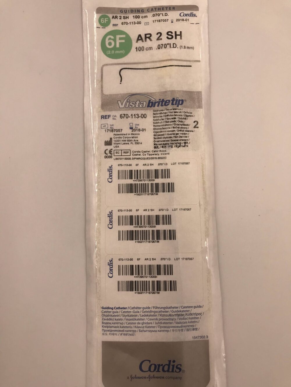 CORDIS 670-113-00 Vista Britetip Guiding Catheter AR 2 SH, 6F (X) - GB ...