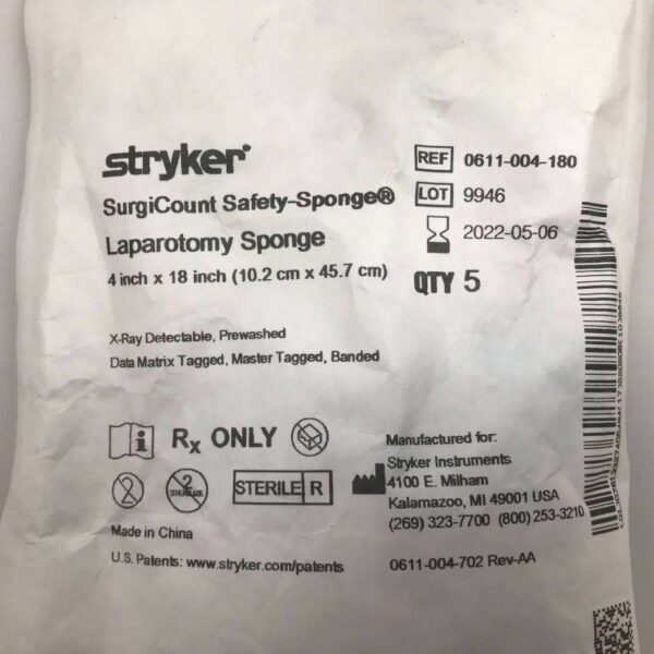 STRYKER 0611-004-180 SurgiCount Safety-Sponge Laparotomy Sponge 4in x ...
