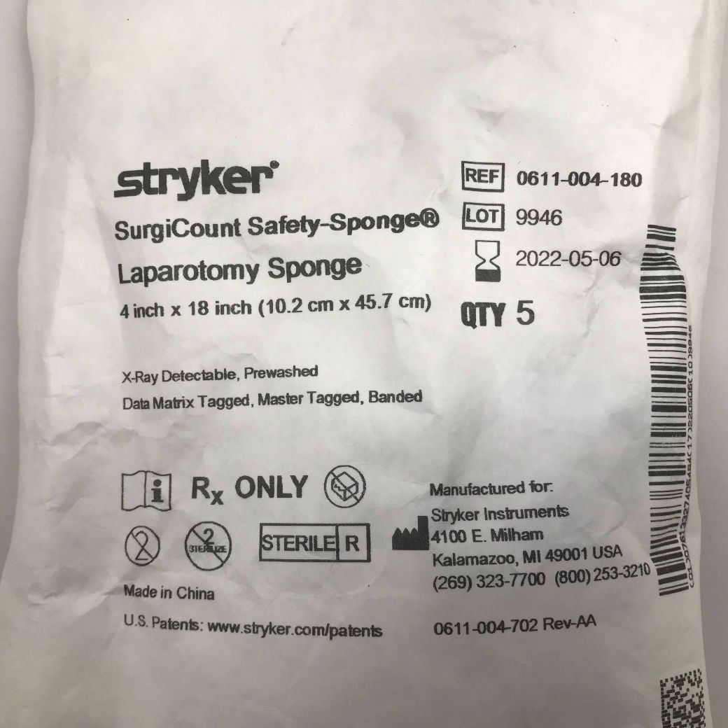 STRYKER 0611-004-180 SurgiCount Safety-Sponge Laparotomy Sponge 4in x ...