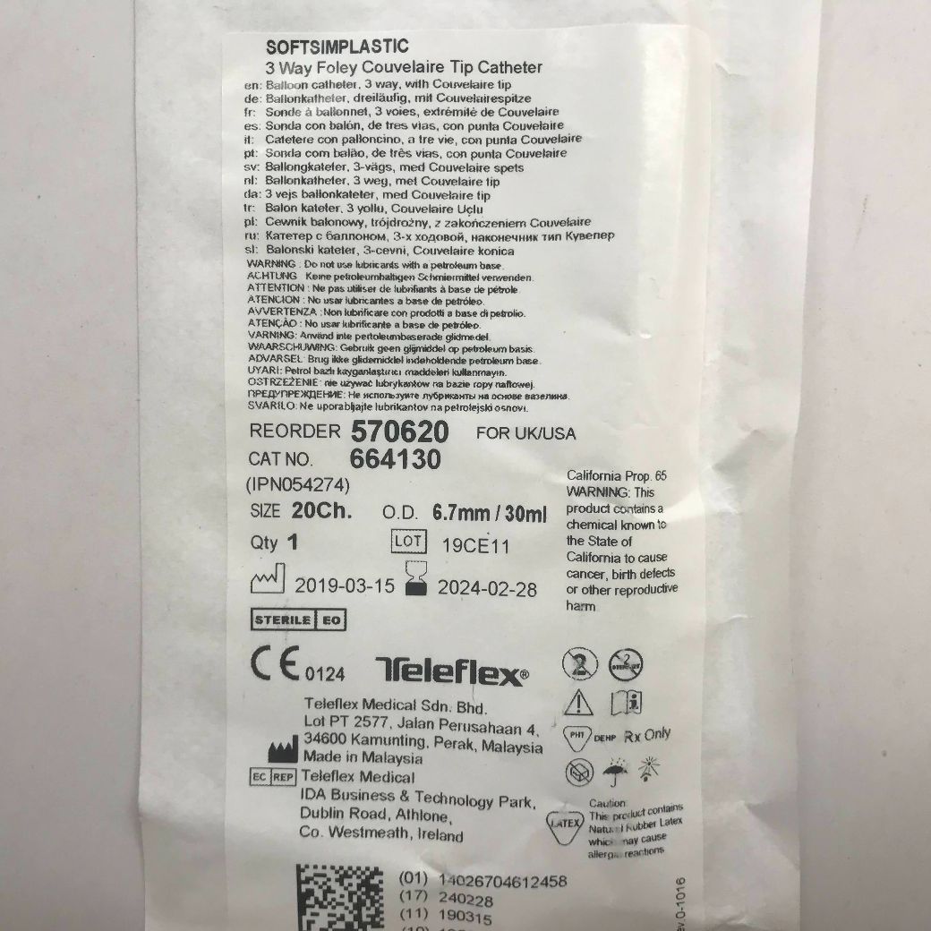 TELEFLEX 570620 Softsimplastic 3 Way Foley Couvelaire Tip Catheter ...