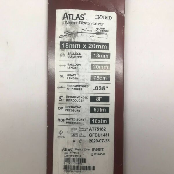BARD AT75182 ATLAS PTA Balloon Dilatation Catheter, 18mm x 20m, 75cm ...