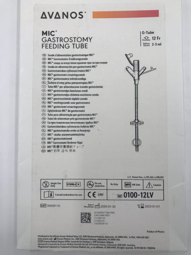 AVANOS 0100-12LV MIC Gastrostomy Feeding Tube, 12Fr, 2-3mL - GB TECH USA