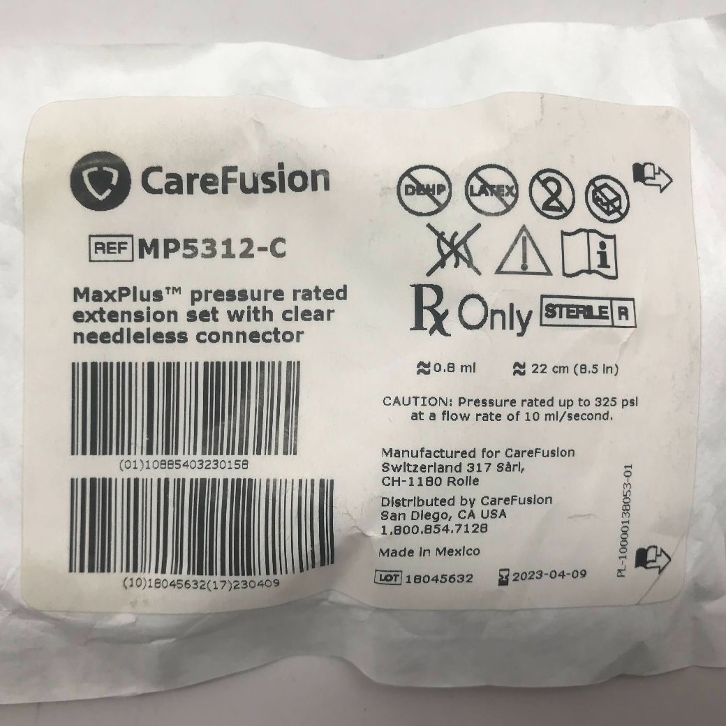 CAREFUSION MP5312-C MaxPlus Pressure Rated Extension Set With Clear ...