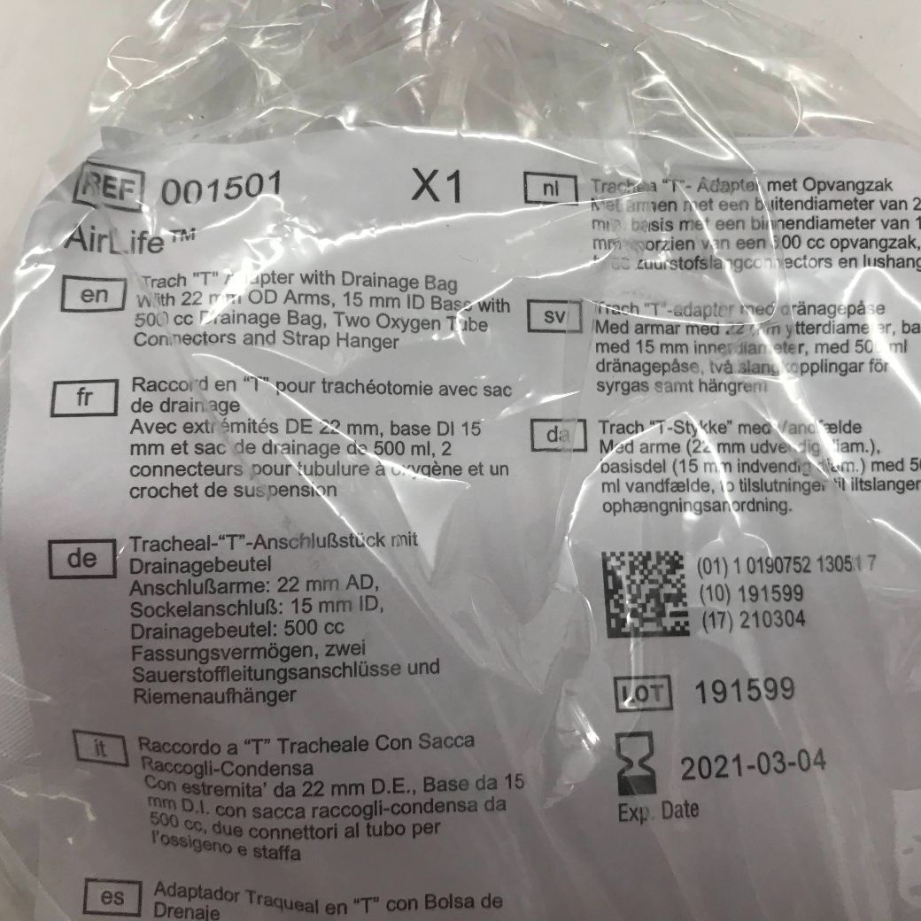 VYAIRE 001501 Trach T Adapter With Drainage Bag With 22mm OD Arms, 15mm ...