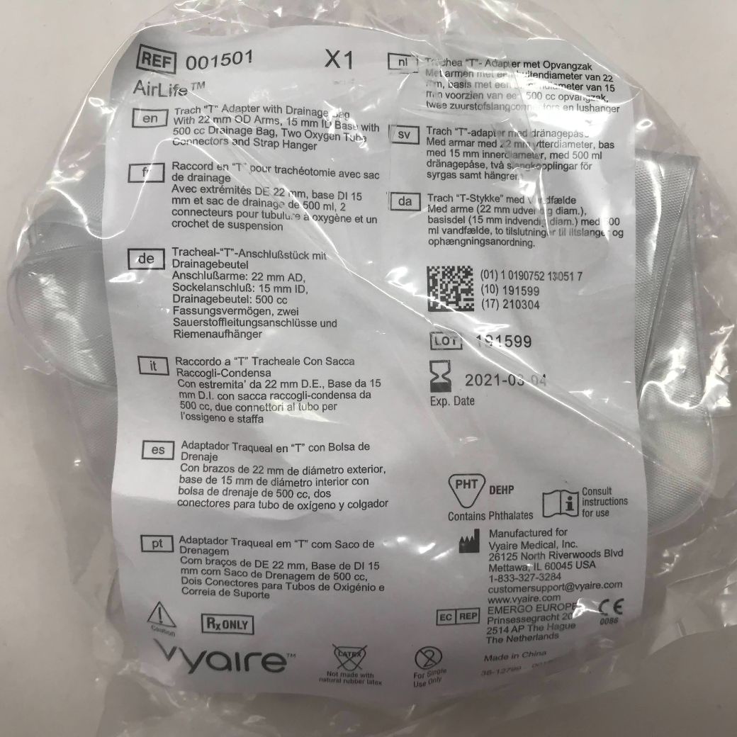 VYAIRE 001501 Trach T Adapter With Drainage Bag With 22mm OD Arms, 15mm ...