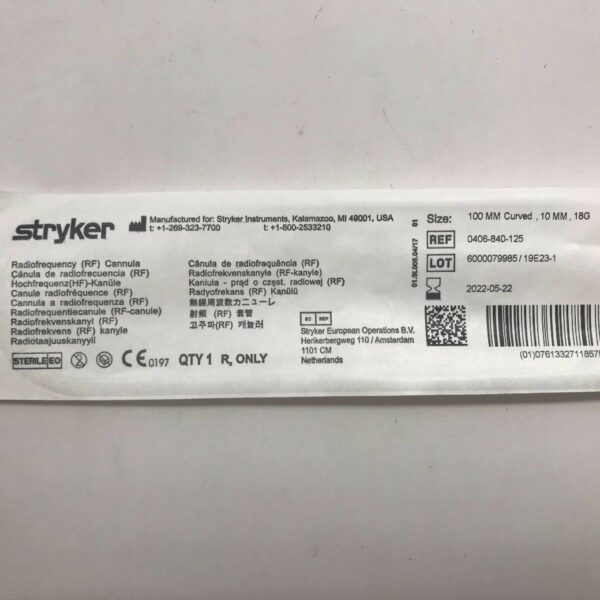 STRYKER 0406-840-125 Radiofrequency (RF) Cannula, 100mm Curved, 10mm ...