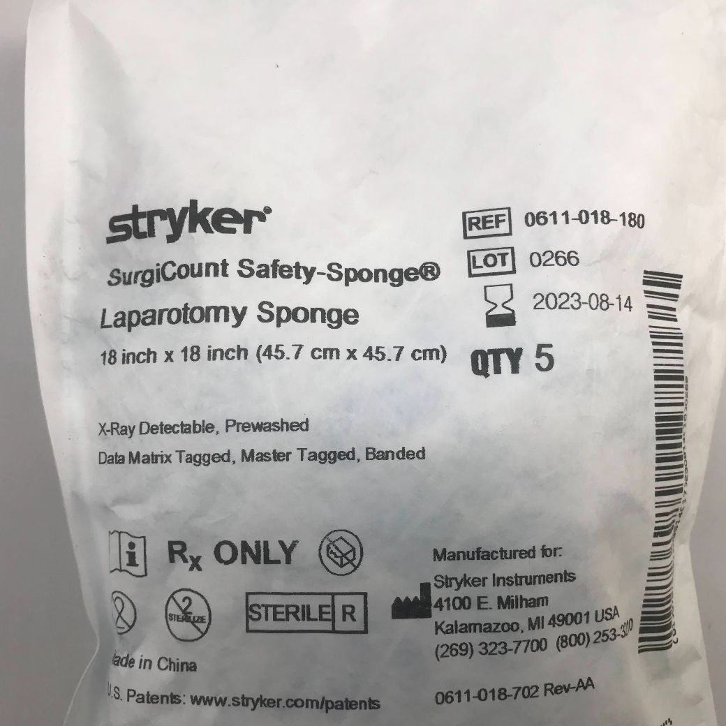 STRYKER 0611-018-180 SurgiCount Safety-Sponge Laparotomy Sponge, 18in x ...