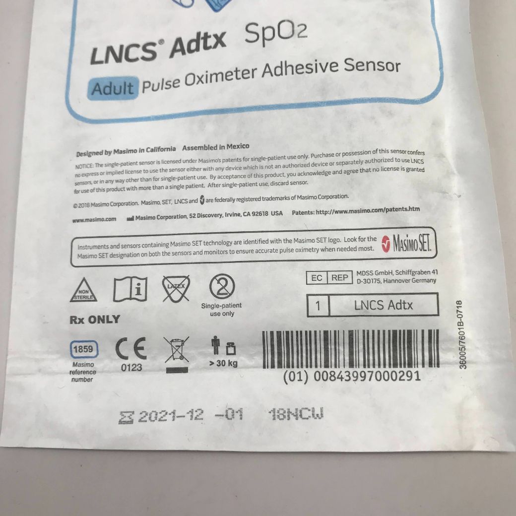 MASIMO 1859 LNCS Adtx SpO2 Adult Pulse Oximeter Adhesive Sensor, 30kg ...