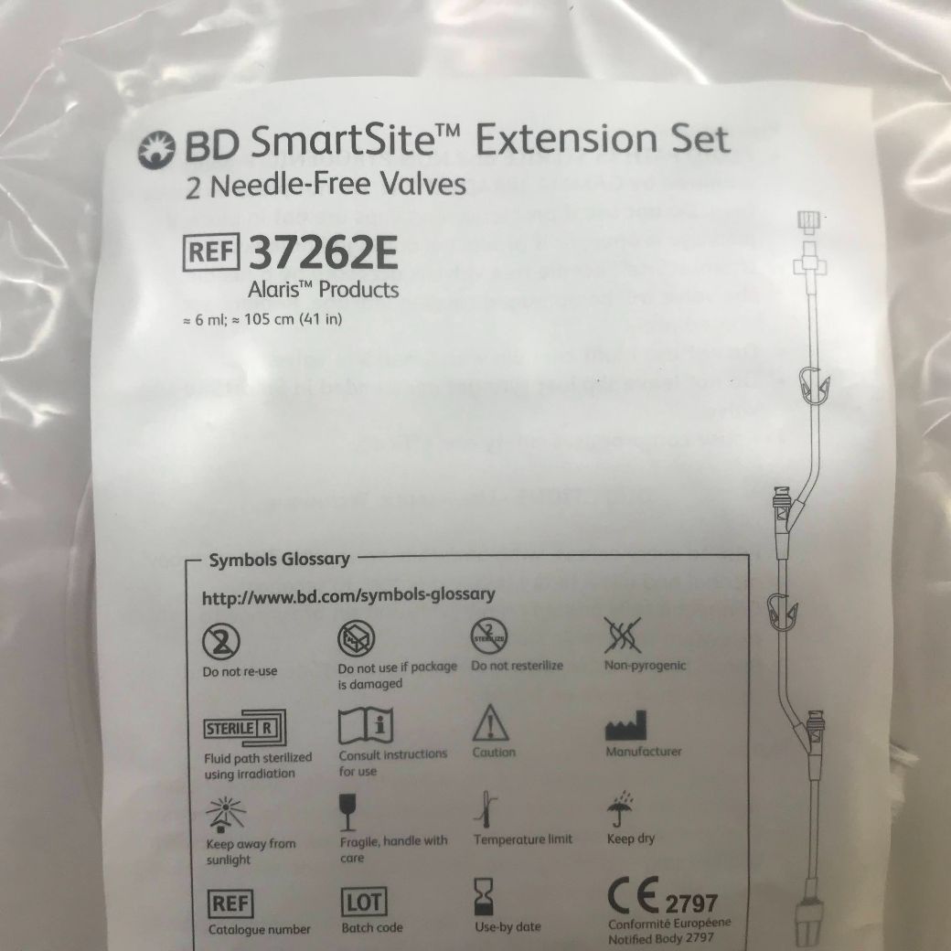 BD 37262E SmartSite Extension Set, 2 Needle-Free Valves, 6mL, 105cm ...