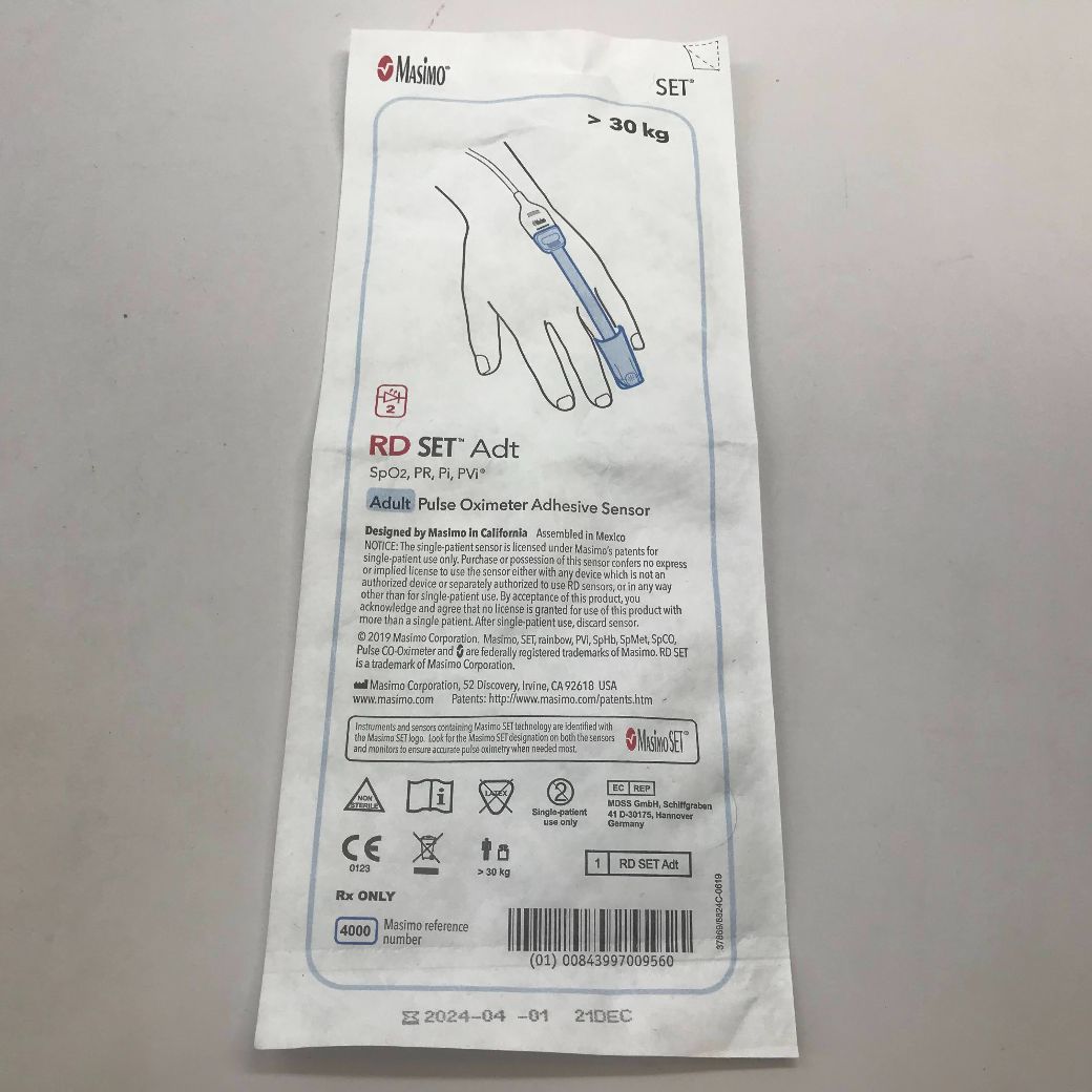 MASIMO 4000 RD Set Adt SPO2, PR, PI, PVi Adult Pulse Oximeter Adhesive ...