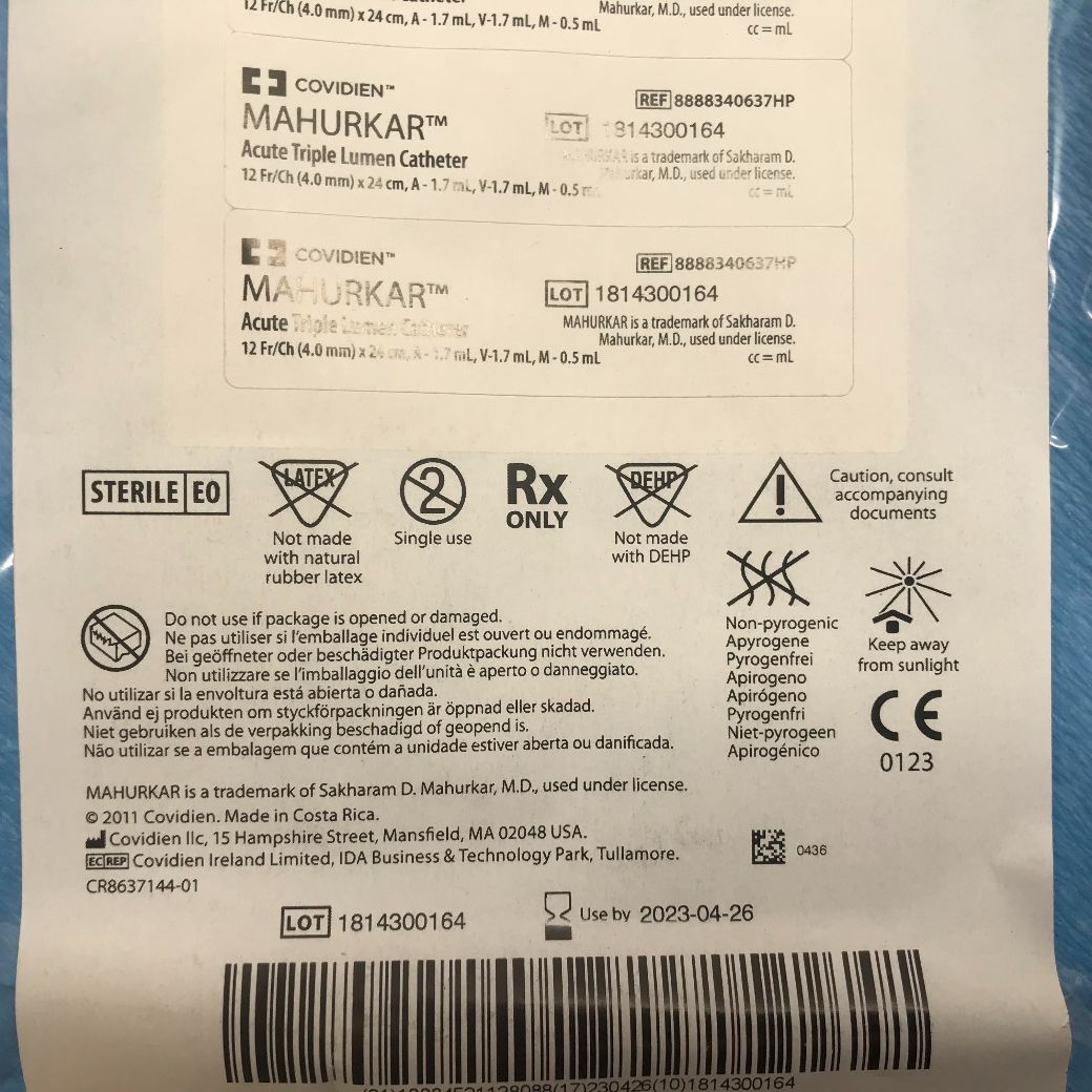 COVIDIEN 8888340637HP MAHURKAR Acute High Pressure Triple Lumen ...