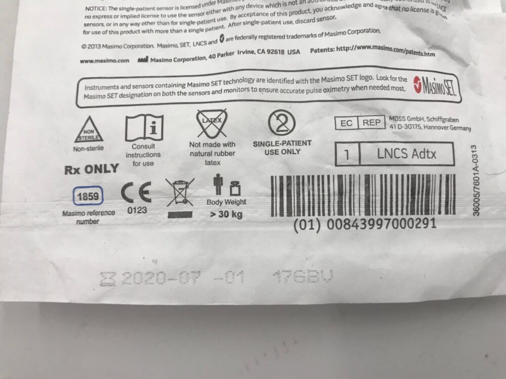 MASIMO 1859 LNCS Adtx SpO2 Adult Pulse Oximeter Adhesive Sensor, 30kg ...