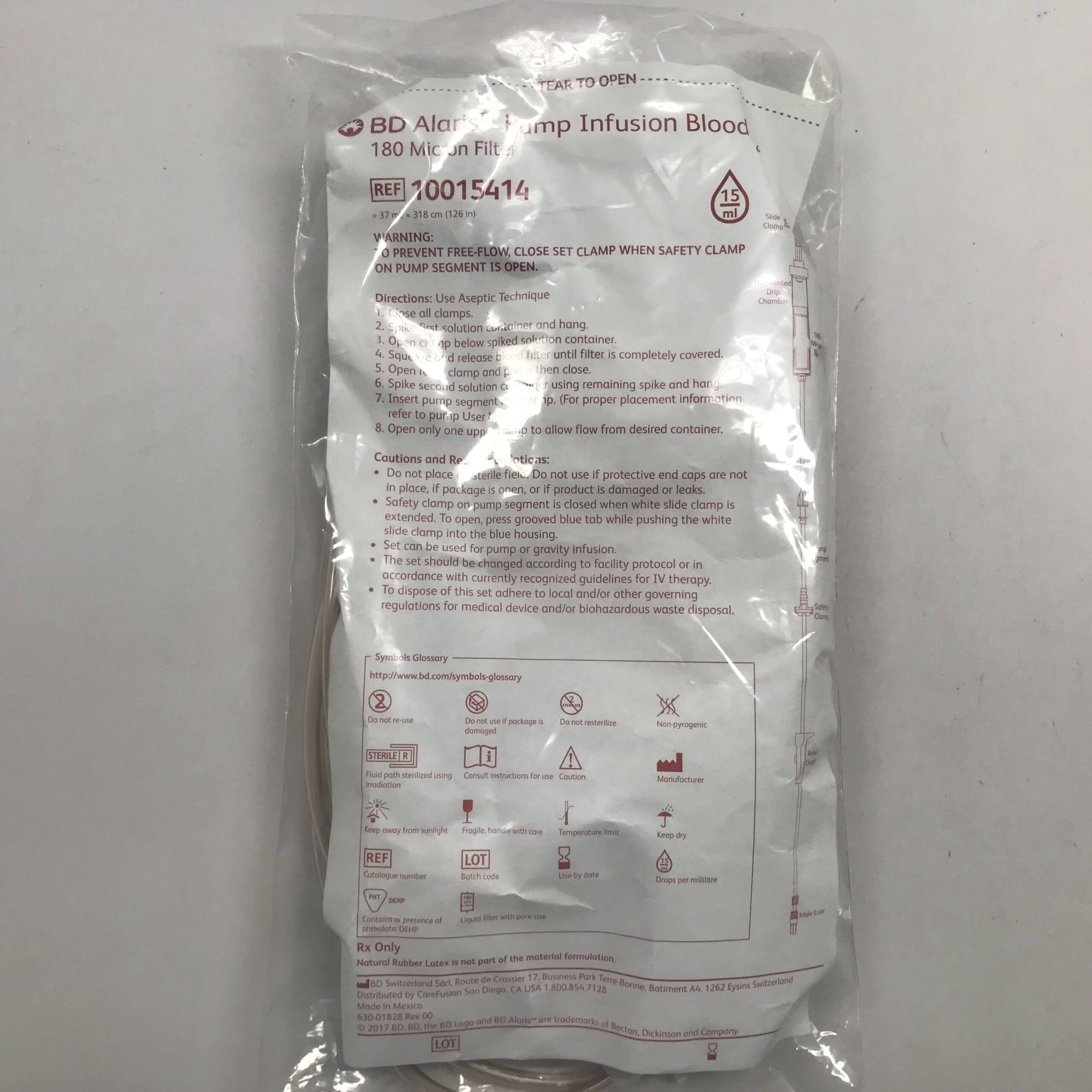 BD 10015414 Alaris Pump Infusion Blood Set, 180 Micron Filter, 37mL ...