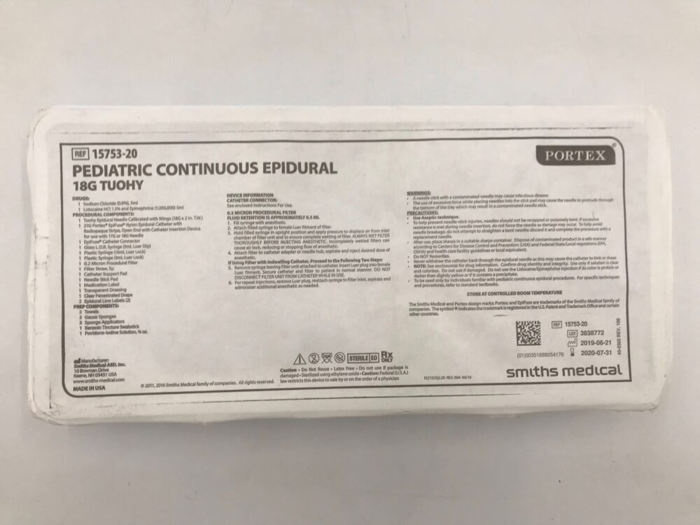 SMITHS MEDICAL 15753-20 Portex Pediatric Continuous Epidural 18G Tuohy ...