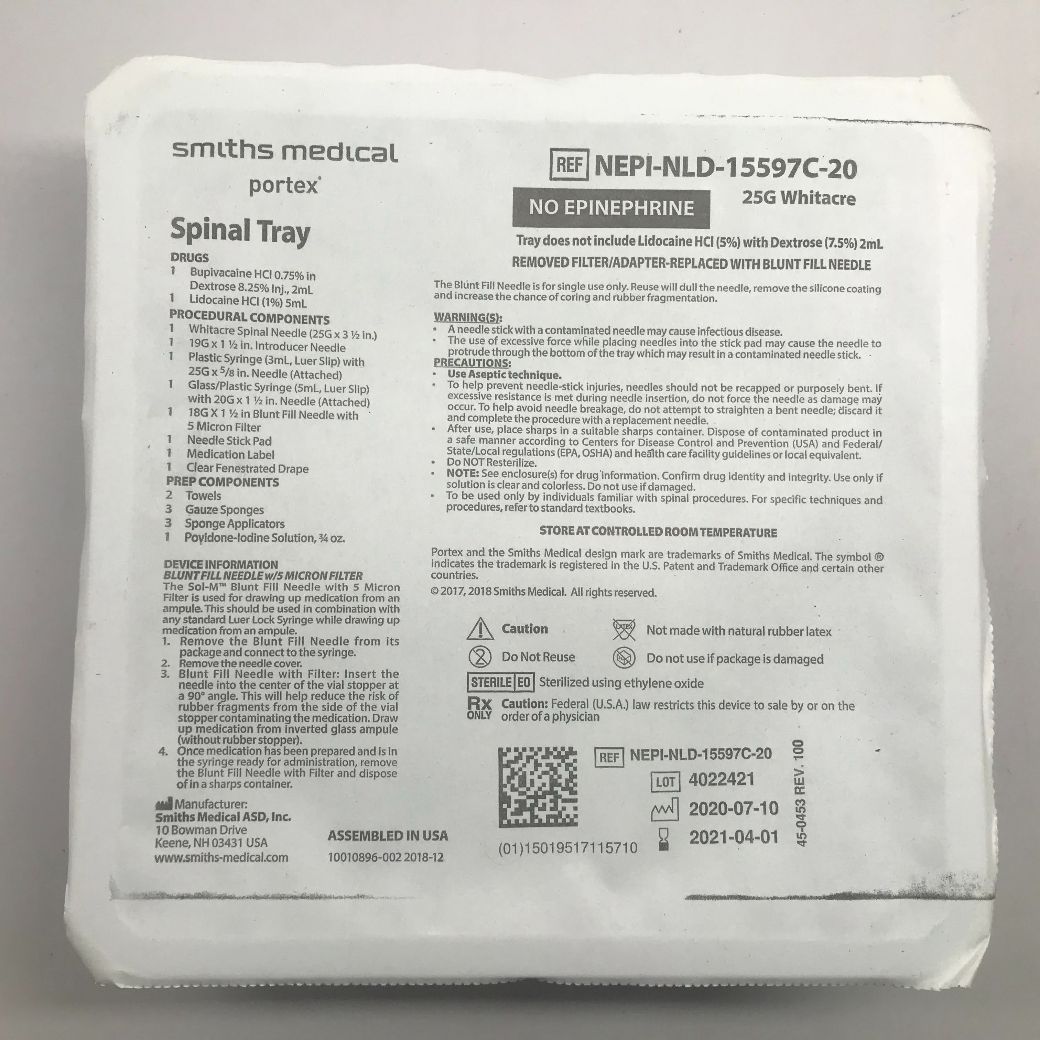 SMITHS MEDICAL NEPI-NLD-15597C-20 Spinal Tray, 25G Whitacre (X) - GB ...