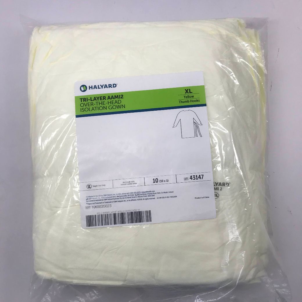 Halyard 43147 Tri-Layer AAMI2 Over-The -Head Isolation Gown XL, Yellow ...