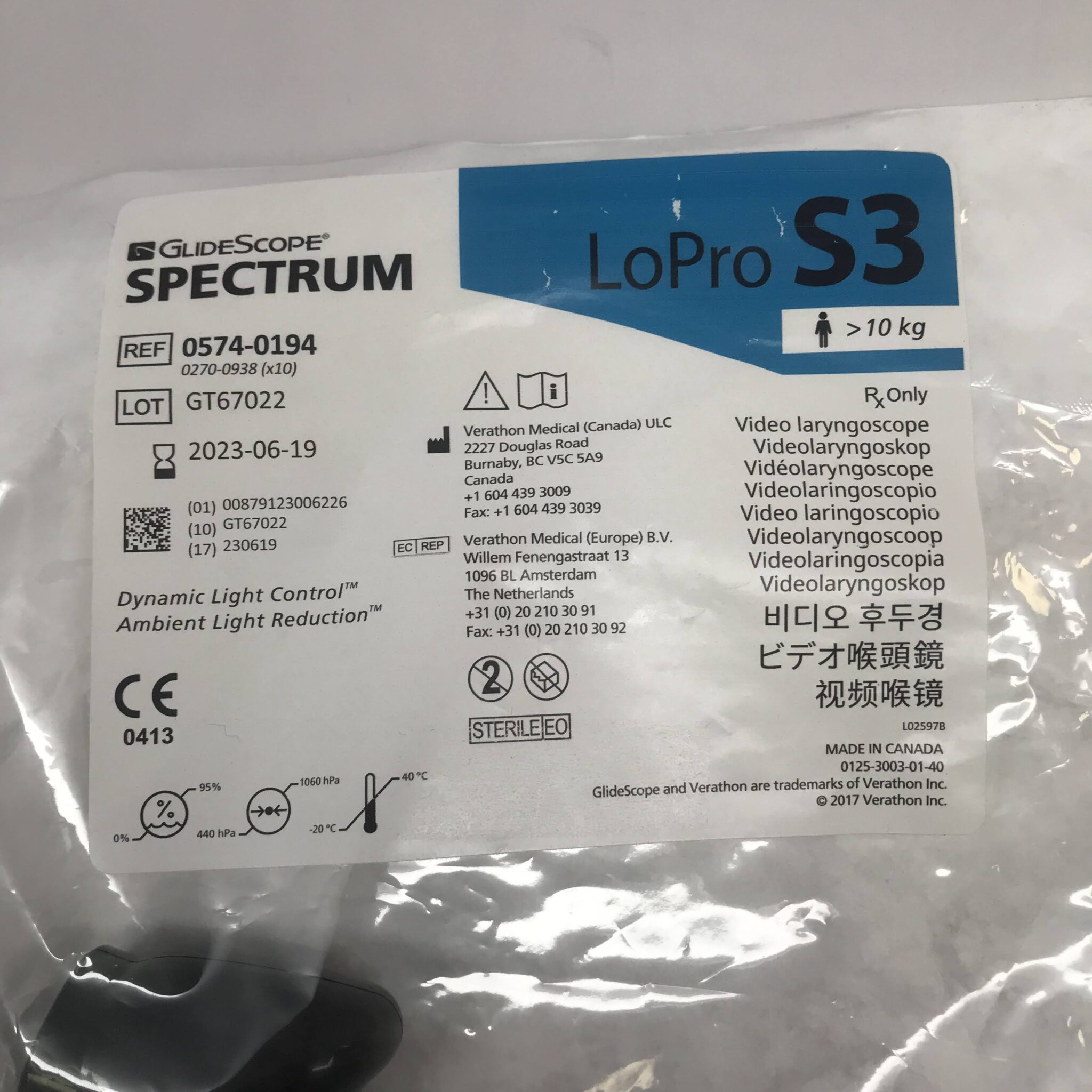 Verathon 0574-0194 GlideScope Spectrum LoPro S3 Video laryngoscope - GB ...