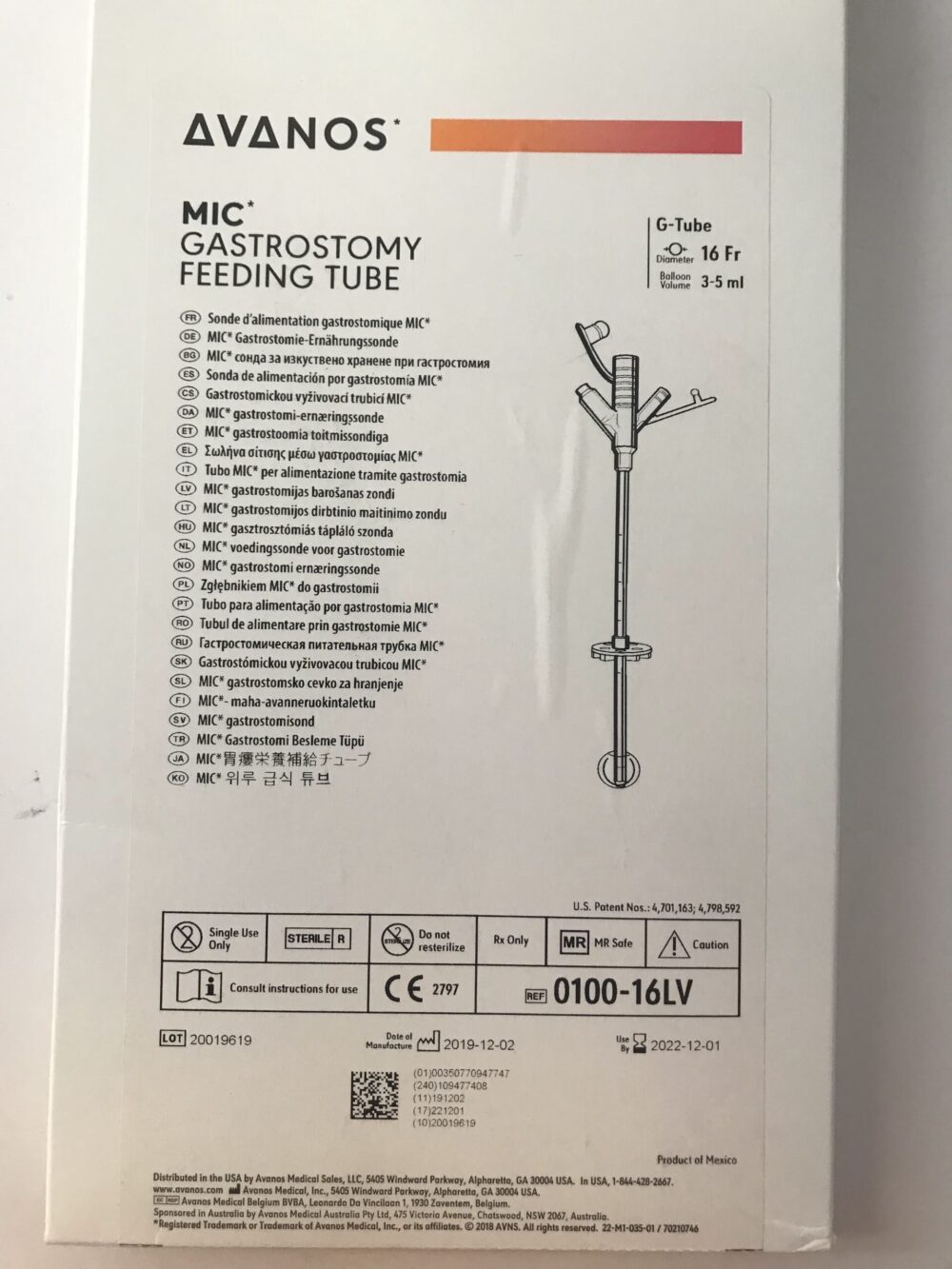 AVANOS 0100-16LV MIC Gastrostomy Feeding Tube G-Tube 16Fr x 3-5ml – GB ...