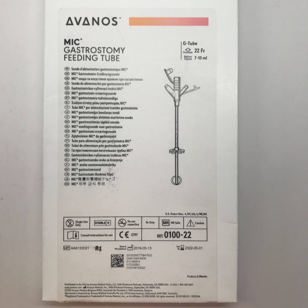 AVANOS 0100-22 MIC Gastrostomy Feeding Tube G-Tube D=22Fr BV=7-10ml (x ...
