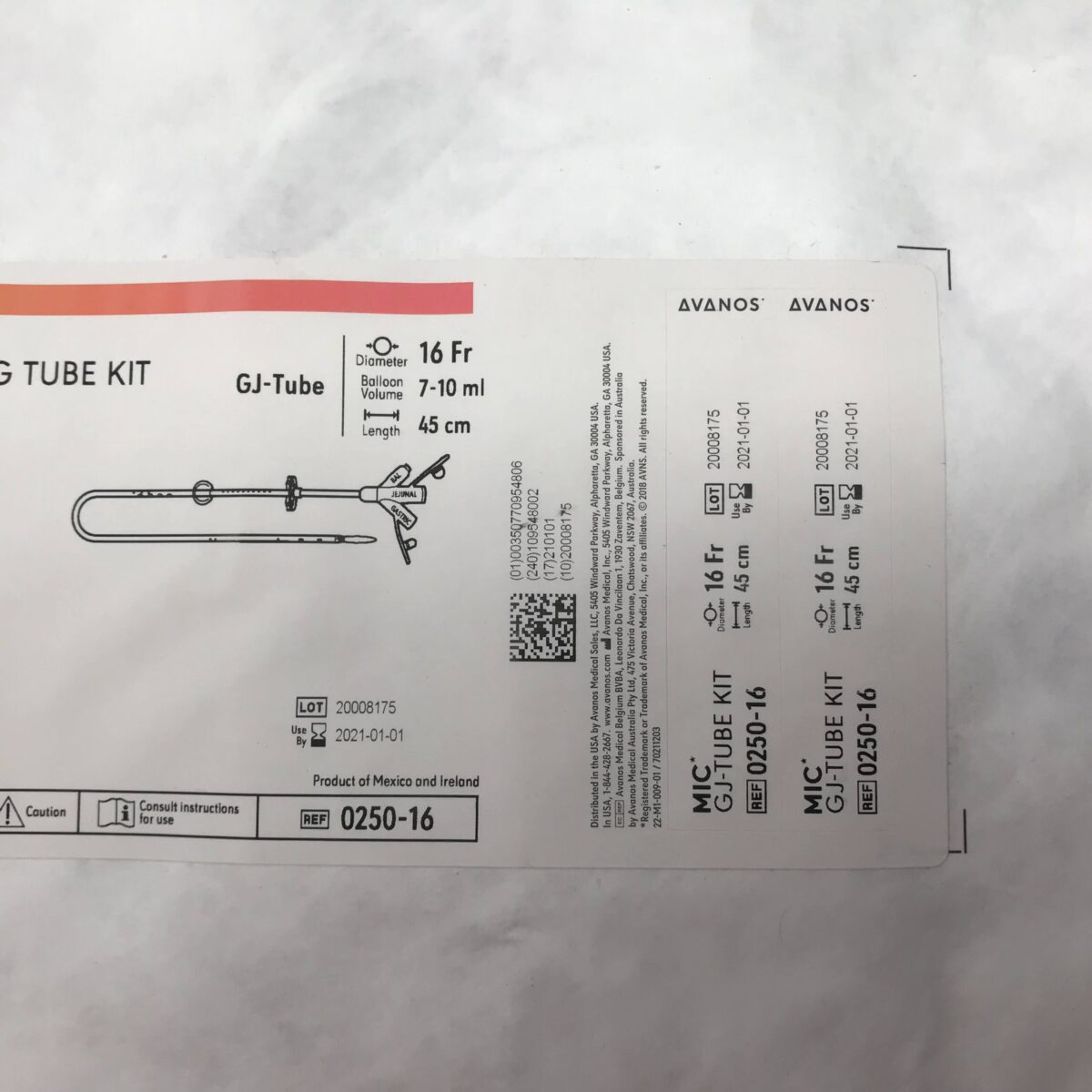 Avanos 0250-16 Mic* Gastric-Jejunal Feeding Tube Kit D=16Fr, BV=7-10ml ...