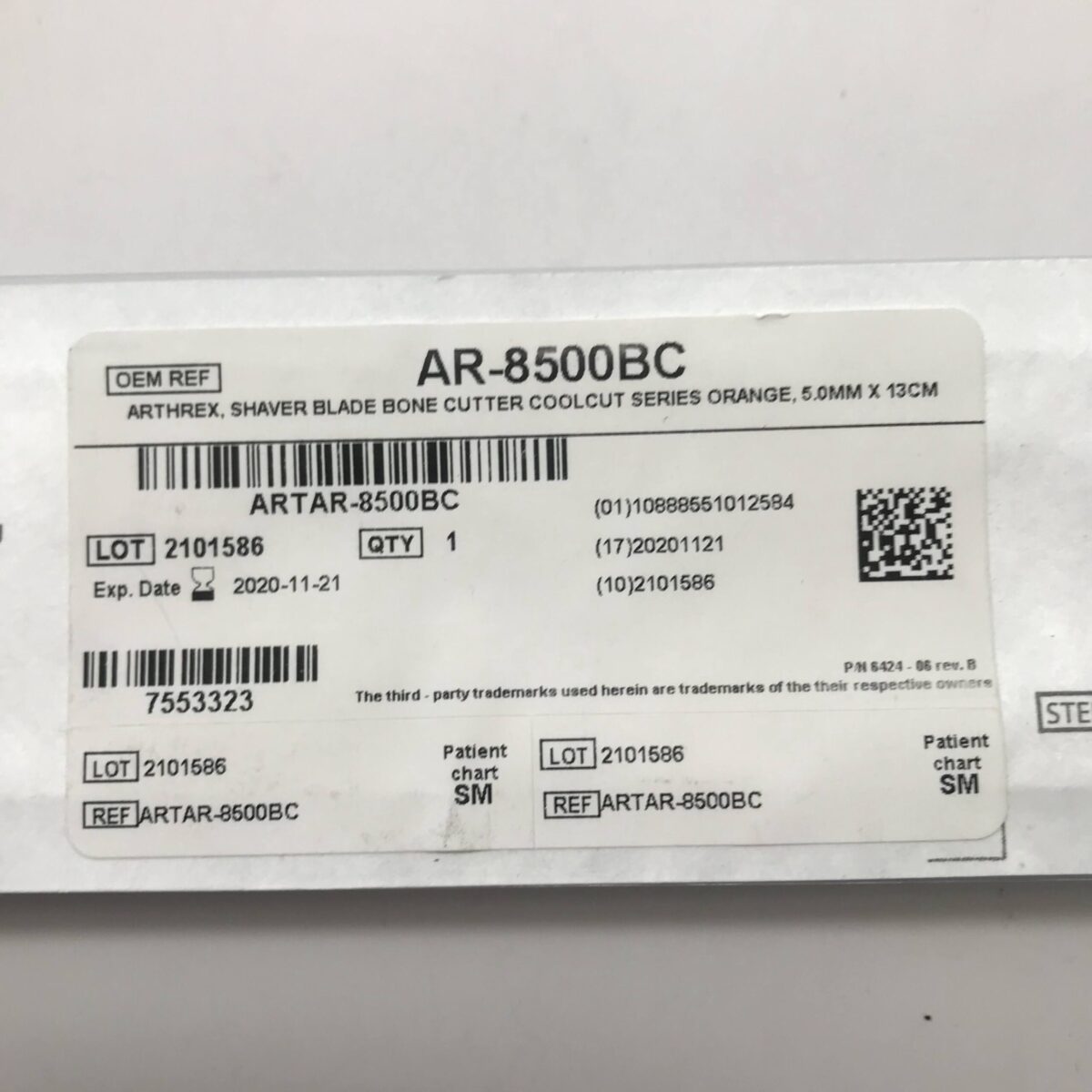 Arthrex AR-8500BC Shaver Blade Bone Cutter, Cool Cut Series Orange, 5 ...