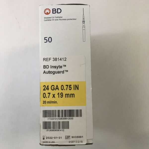 BD 381412 Insyte Autoguard, Shielded I.V Catheter, (24GA 0.75in)(0 ...