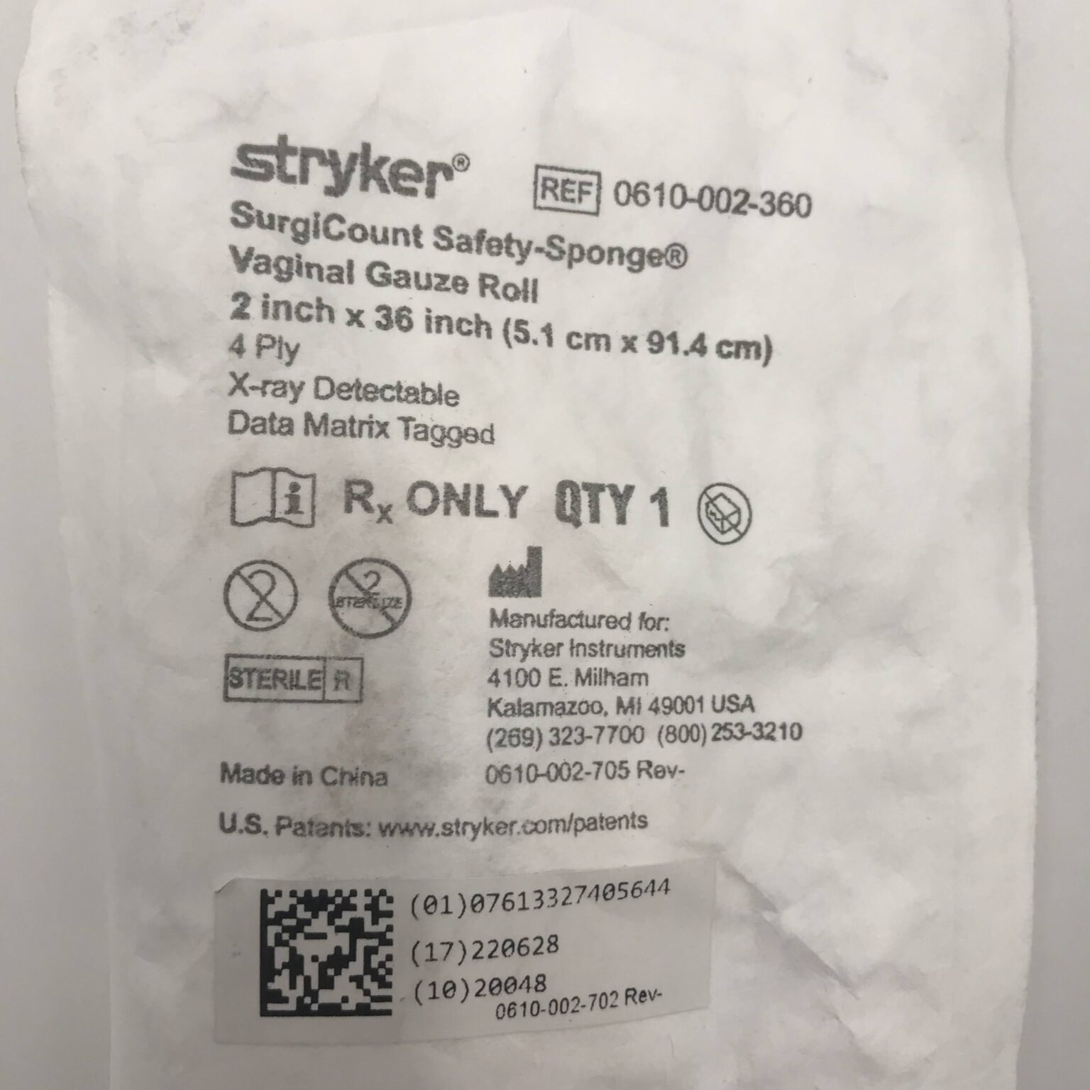 Stryker 0610-002-360 Surgicount Safety-Sponge Vaginal Gauze Roll 2in x ...